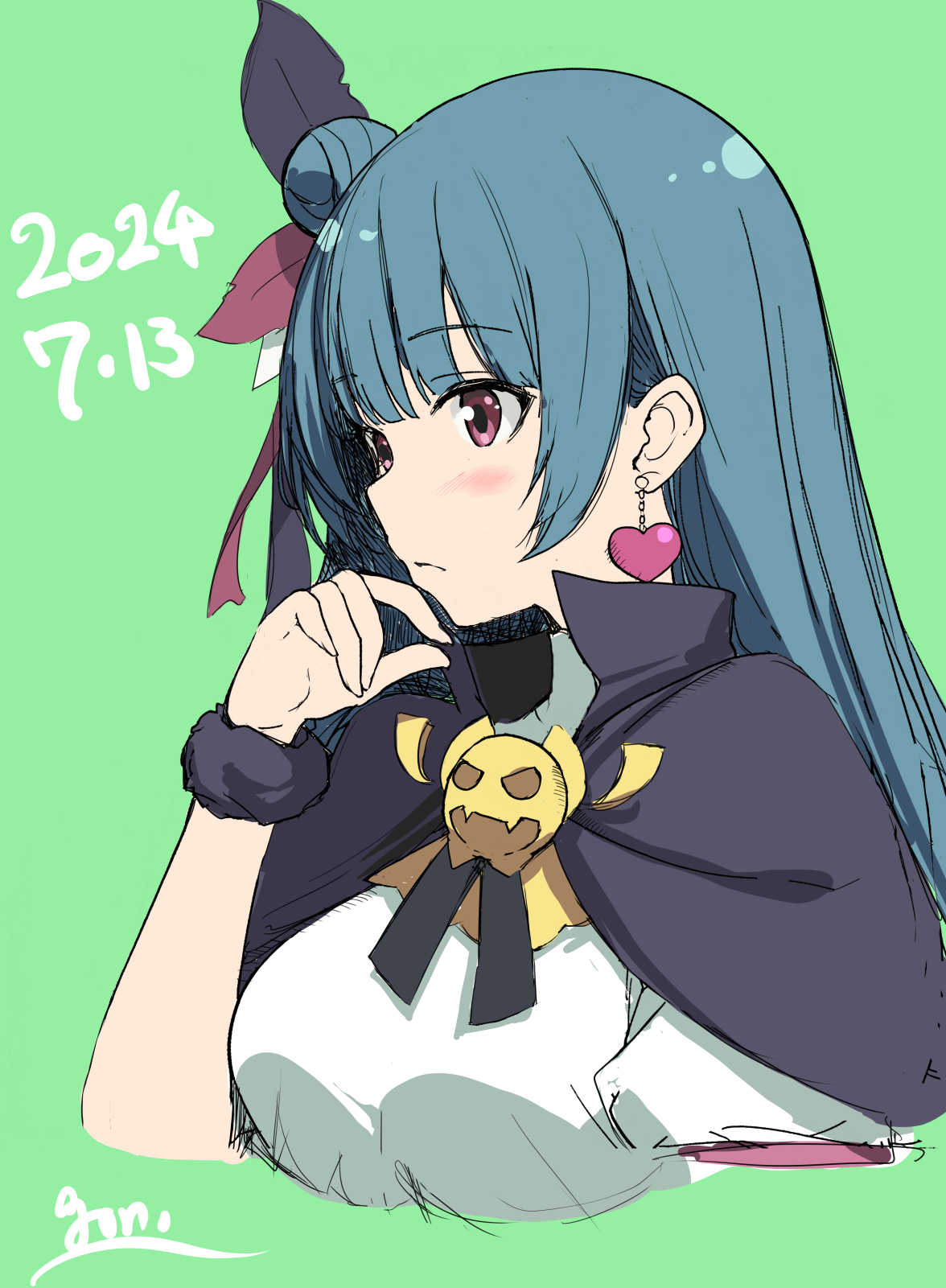 Safebooru - 1girl black capelet black feathers blue hair blunt bangs blush breasts capelet ...