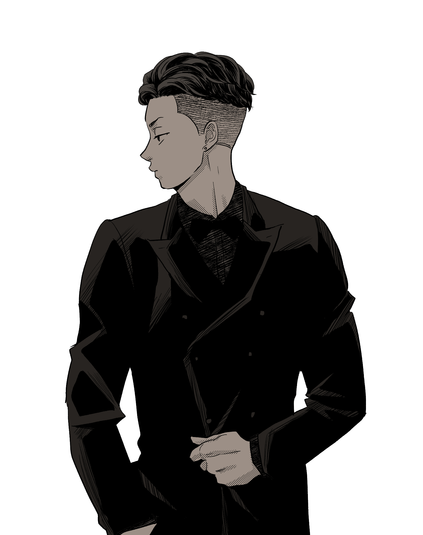 Safebooru - 1boy black suit bow bowtie earrings greyscale haname 815 ...