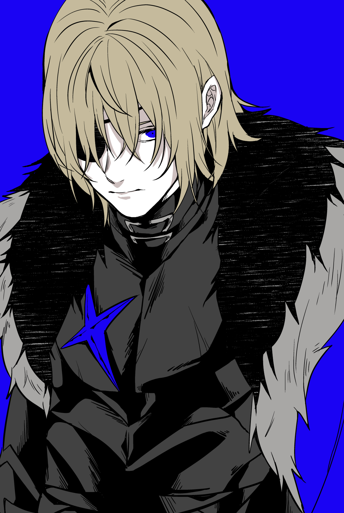 Safebooru - 1boy armor black armor black fur blonde hair blue background blue cape blue eyes ...