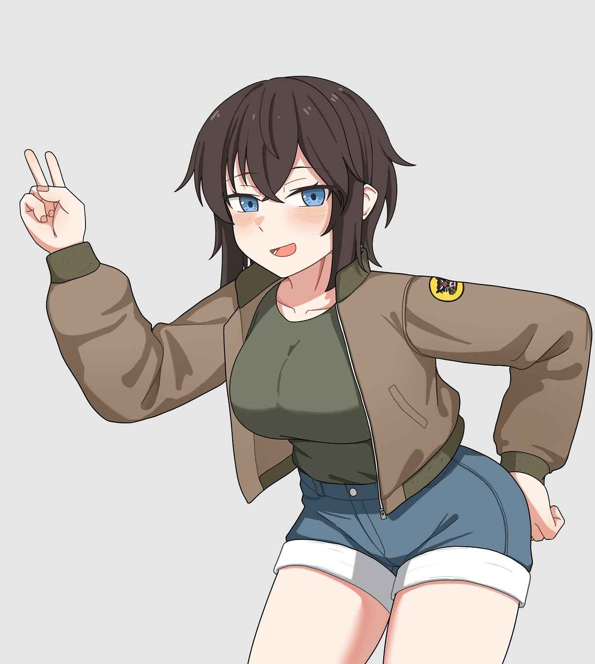Safebooru - atamonica blue eyes bomber jacket breasts brown hair denim denim shorts green shirt ...