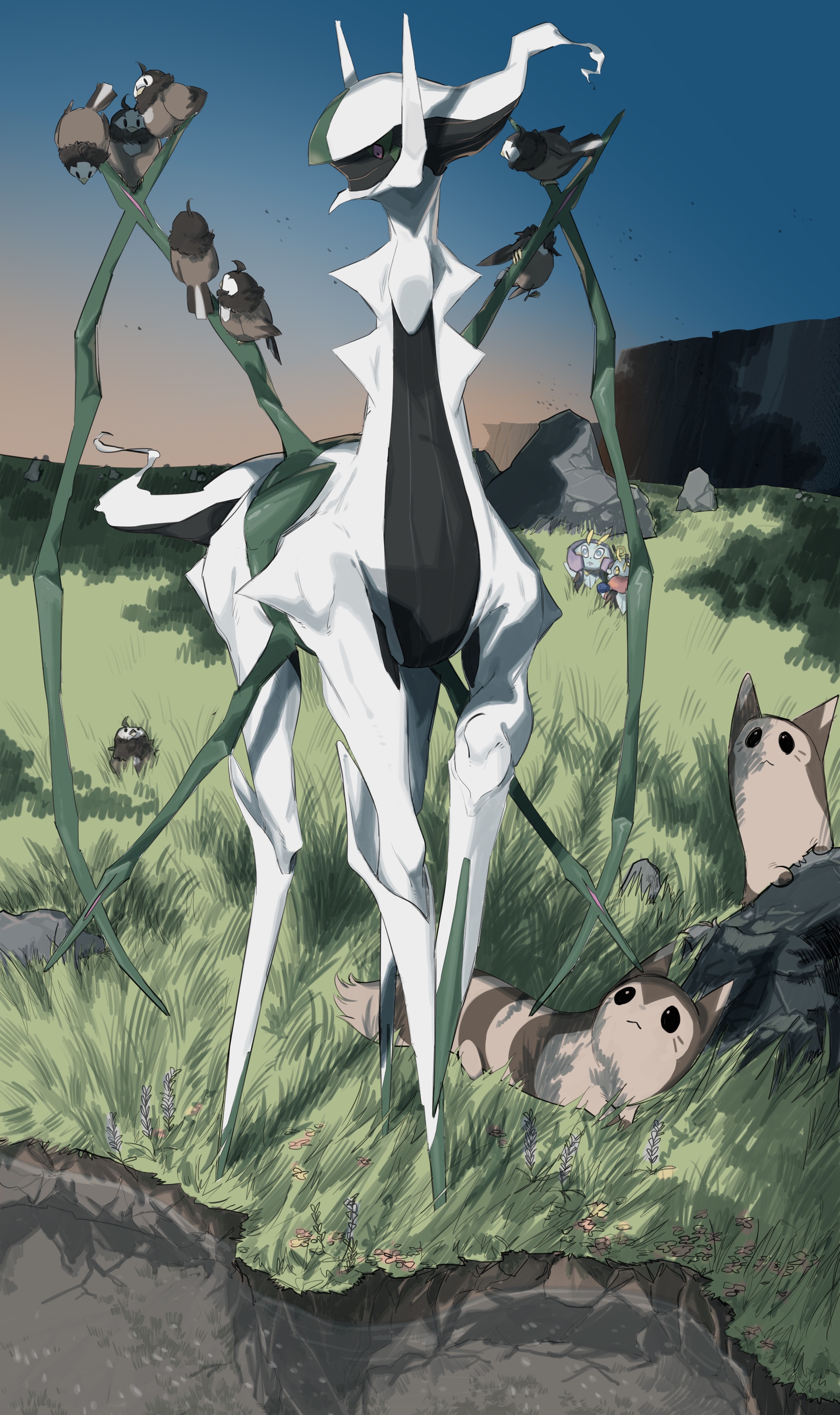 Safebooru - absurdres arceus arceus (bug) bird blue sky closed mouth ...