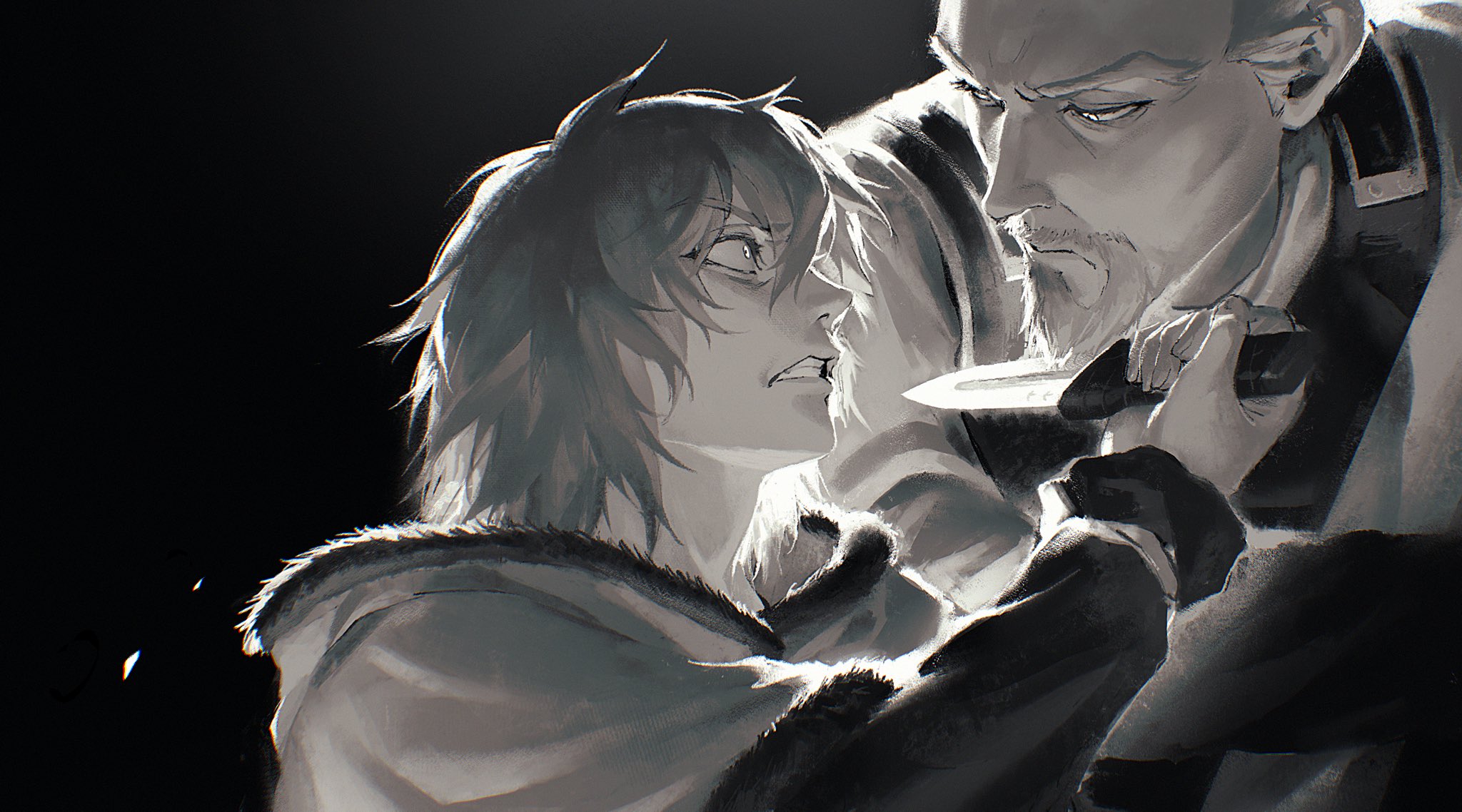 Safebooru - 2boys askeladd black background clenched teeth closed mouth ...