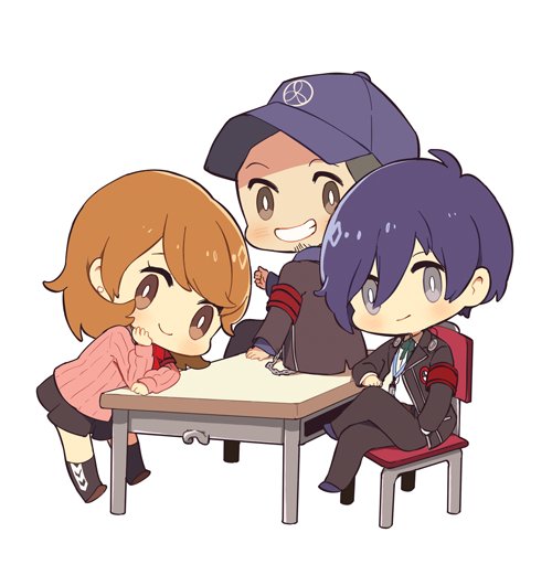 Safebooru - 1girl 2boys ai-wa armband baseball cap black footwear black hair black jacket black ...