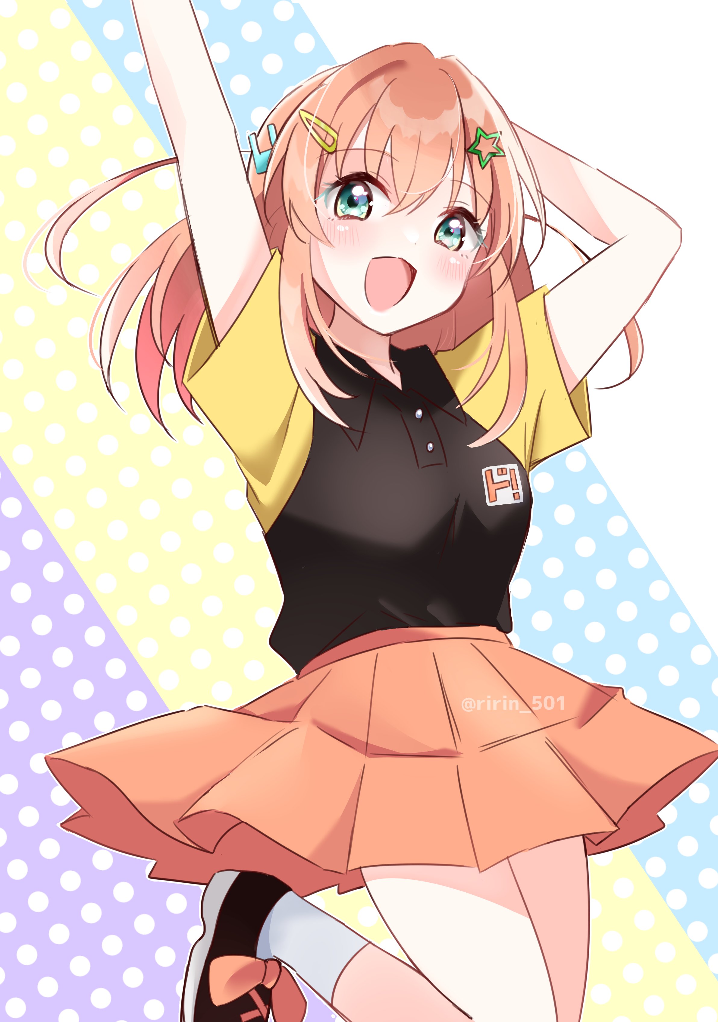 Safebooru - 1girl :d absurdres alternate costume aqua eyes arms up black footwear black shirt ...
