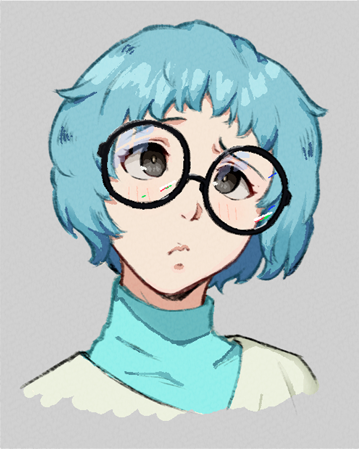 Safebooru - 1girl :/ bespectacled black-framed eyewear blue hair blue shirt commentary cropped ...