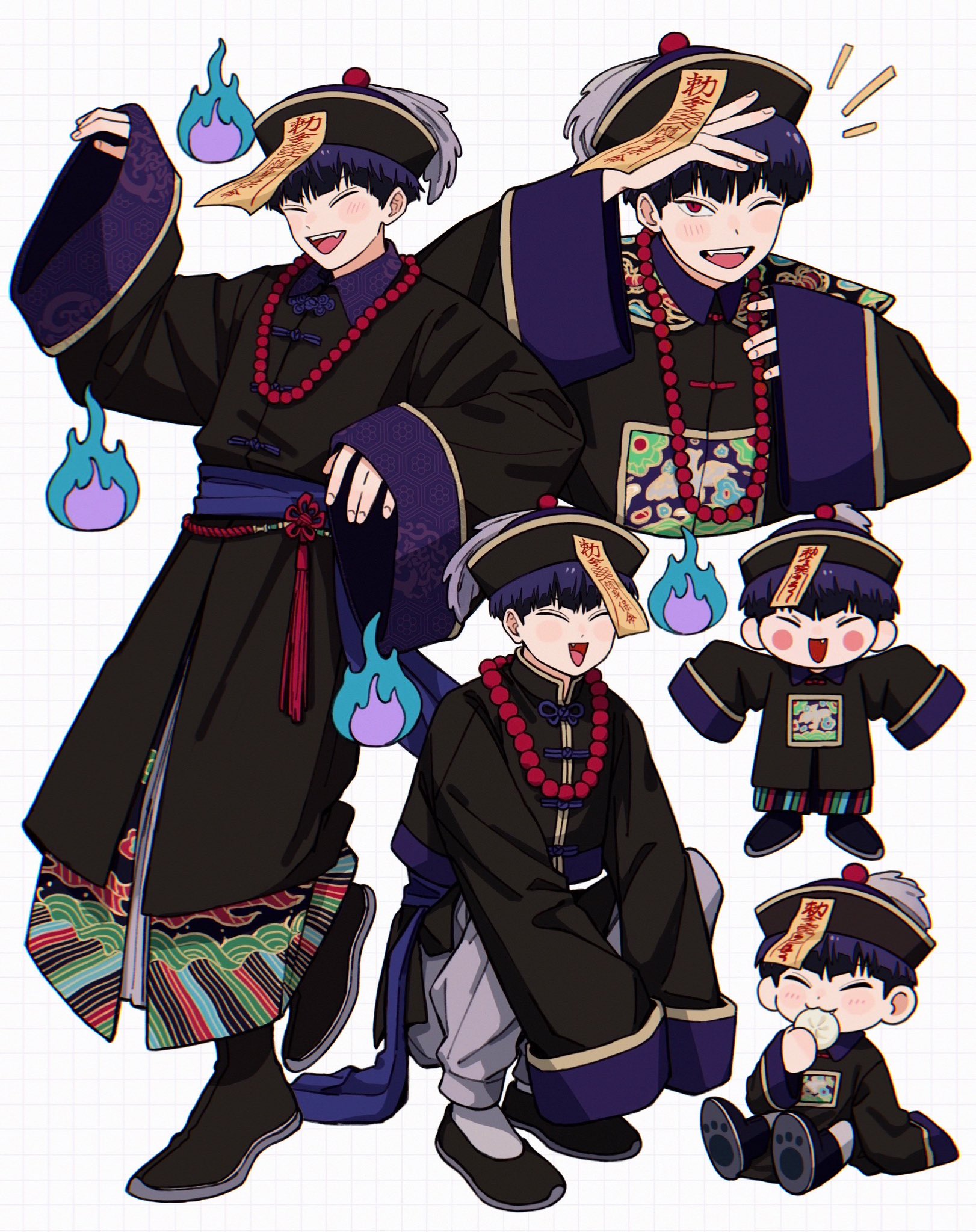 Safebooru - 1boy bead necklace beads black footwear black robe blue hair blush chibi cm wm ...