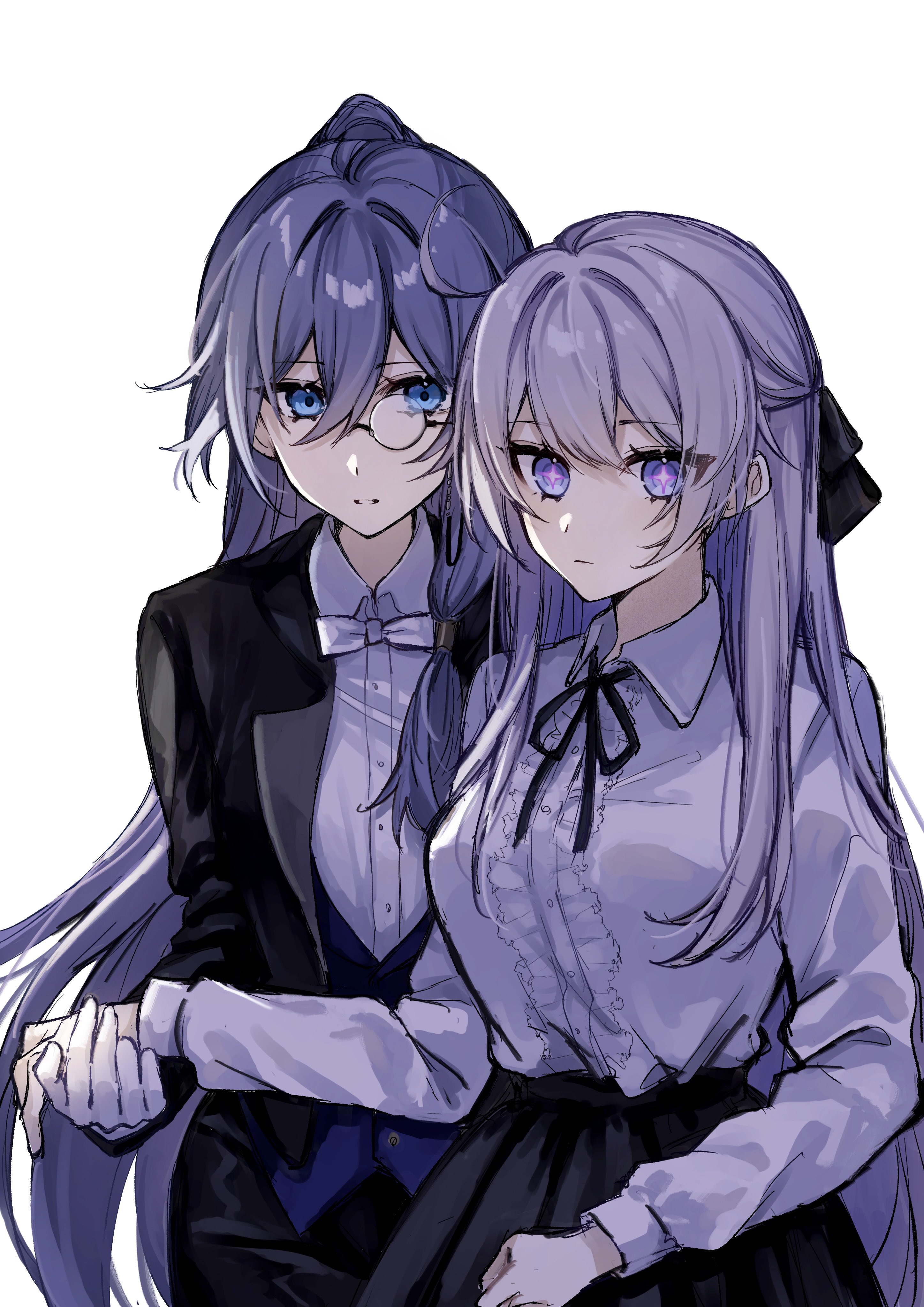 Safebooru - 2girls absurdres alternate costume black bow black bowtie black jacket black skirt ...