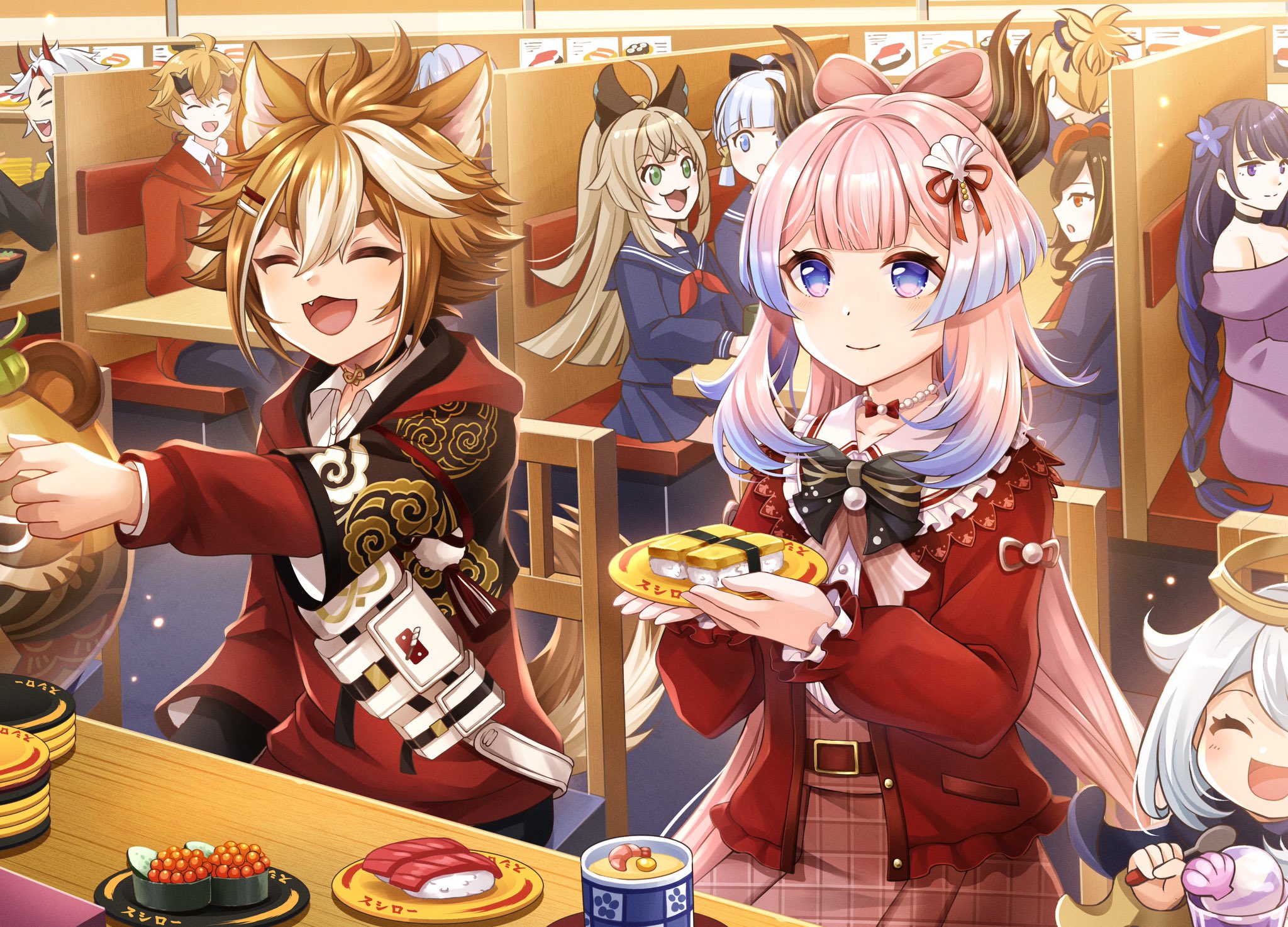 Safebooru - 4boys 6+girls animal ears ankoro arataki itto bead necklace beads black bow black ...