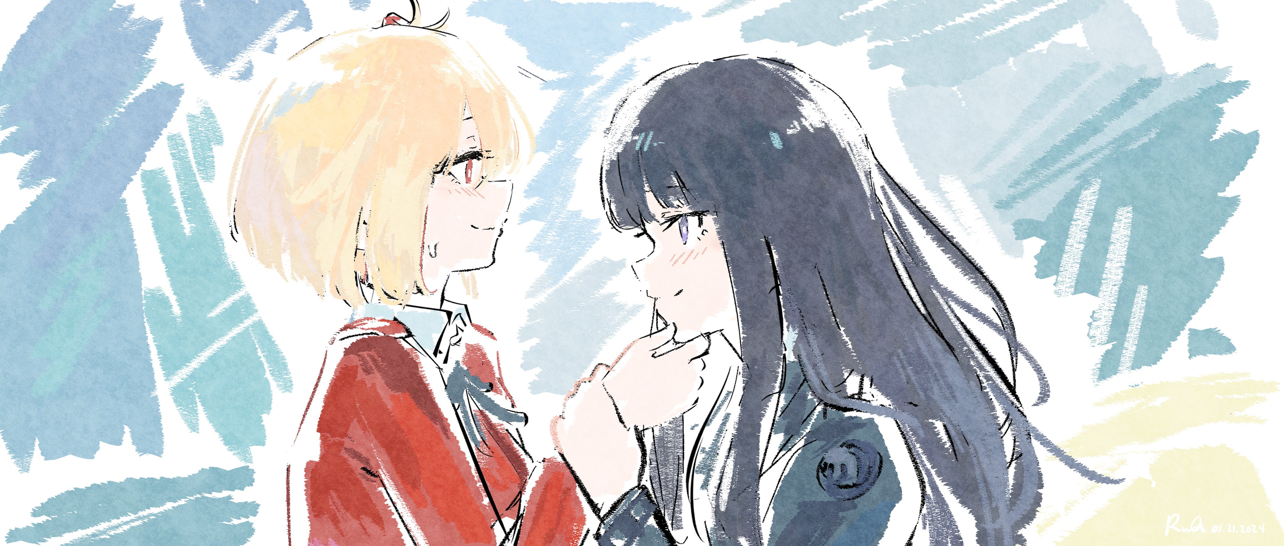 Safebooru - 2girls absurdres black hair blonde hair blue dress blue ribbon blush closed mouth ...