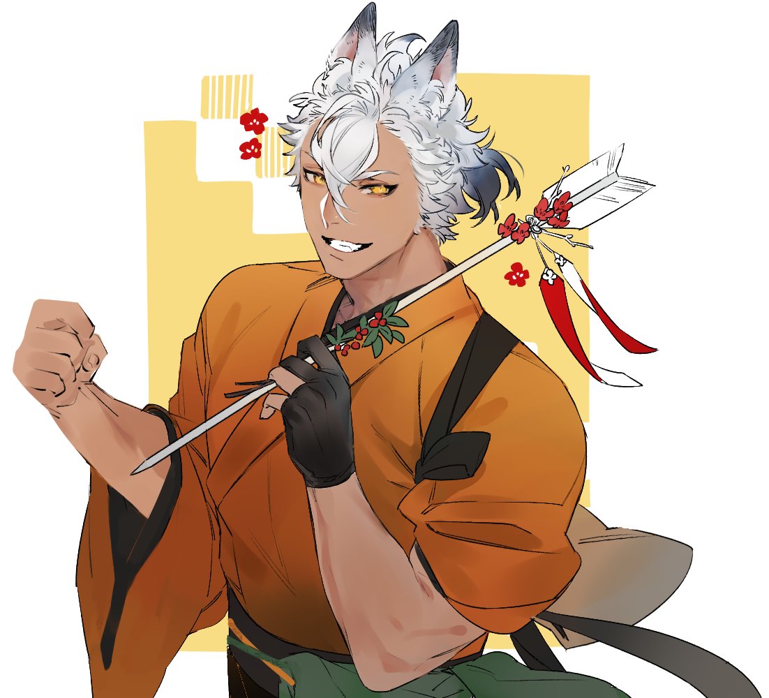 Safebooru - 1boy animal ears arrow (projectile) dark-skinned male dark skin grin hamaya holding ...