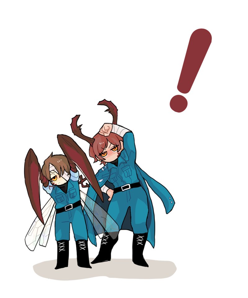 Safebooru - ! 1boy 1girl arm up arthropod limbs belt black belt black footwear blue coat blue ...