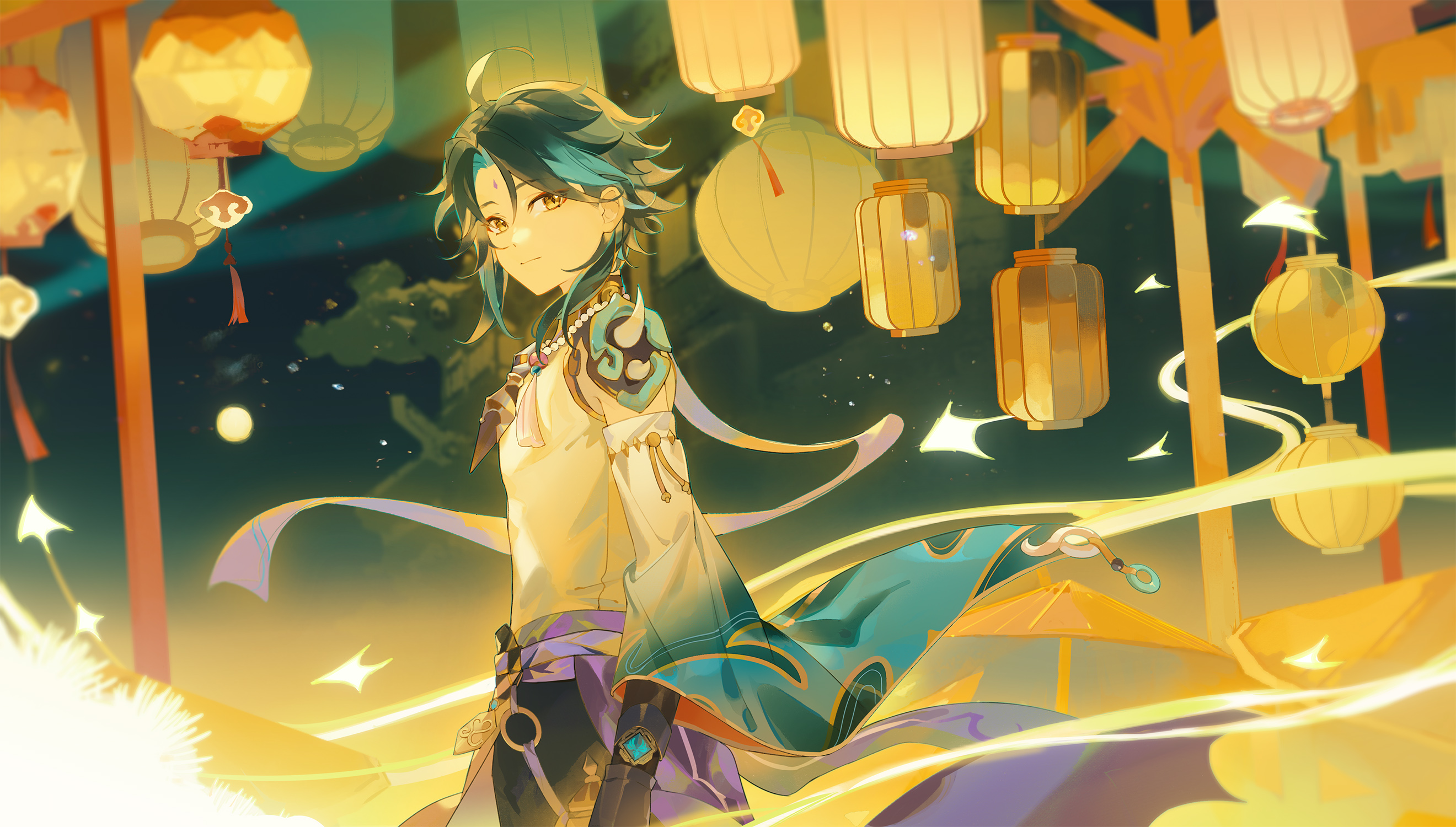 Safebooru - 1boy ahoge aqua hair architecture bead necklace beads black gloves black pants ...