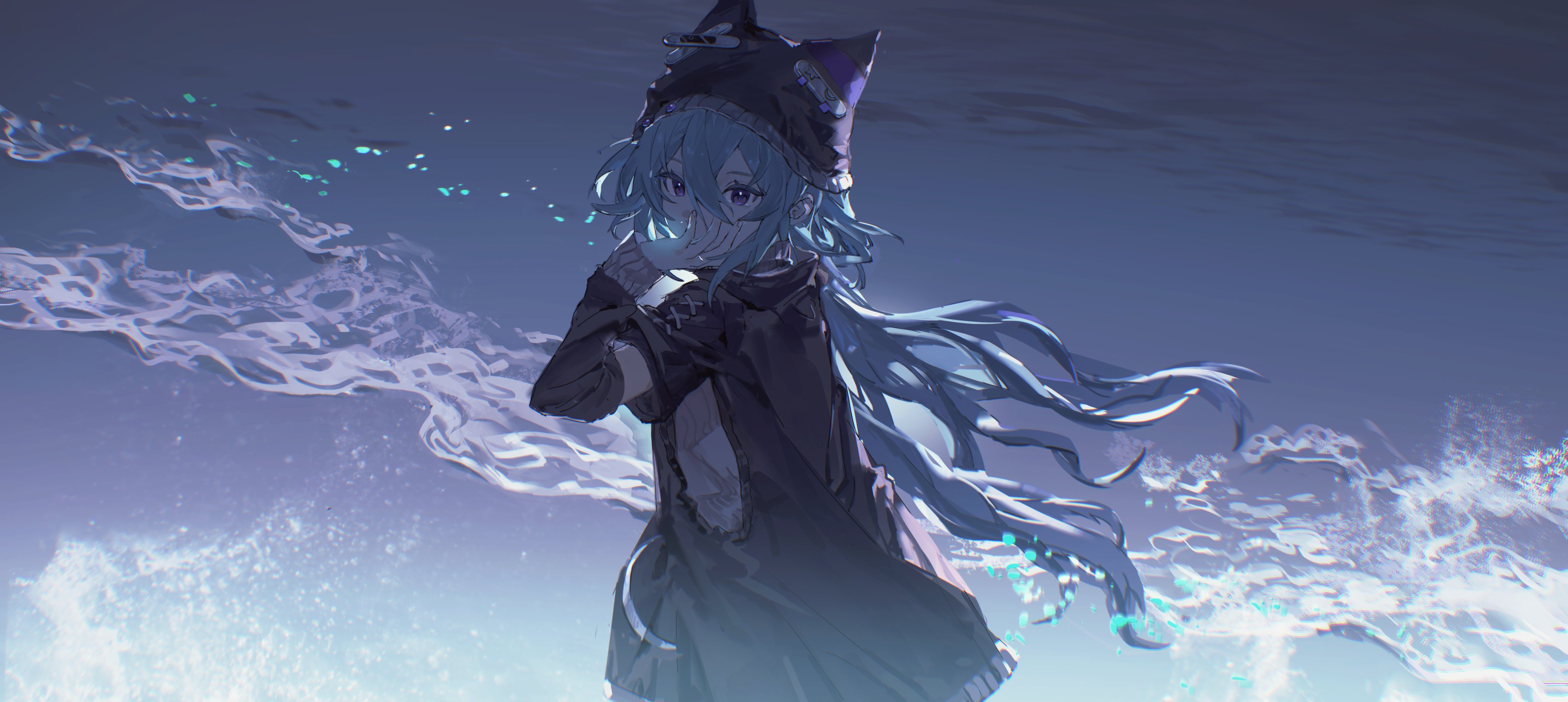 Safebooru - 1girl absurdres beach black dress black hat blue hair covered mouth cowboy shot ...