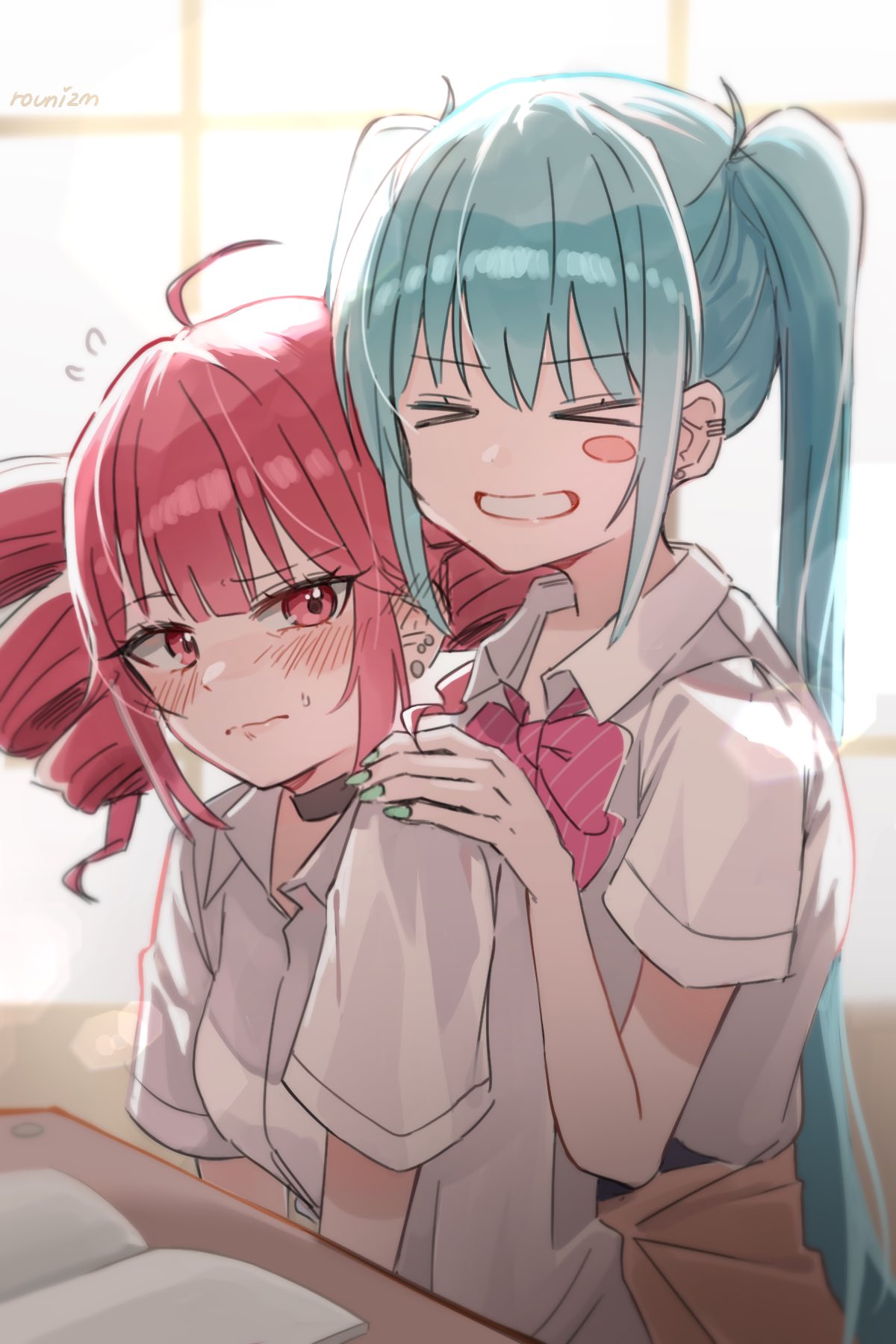 Safebooru - 2girls ahoge black choker blue hair blue nails blush borrowed design bow choker ...