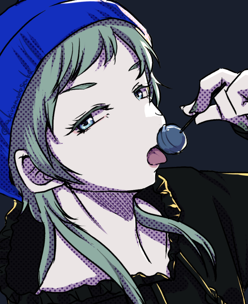 Safebooru - 1other alternate costume androgynous black shirt blue eyes blue hat candy food ...