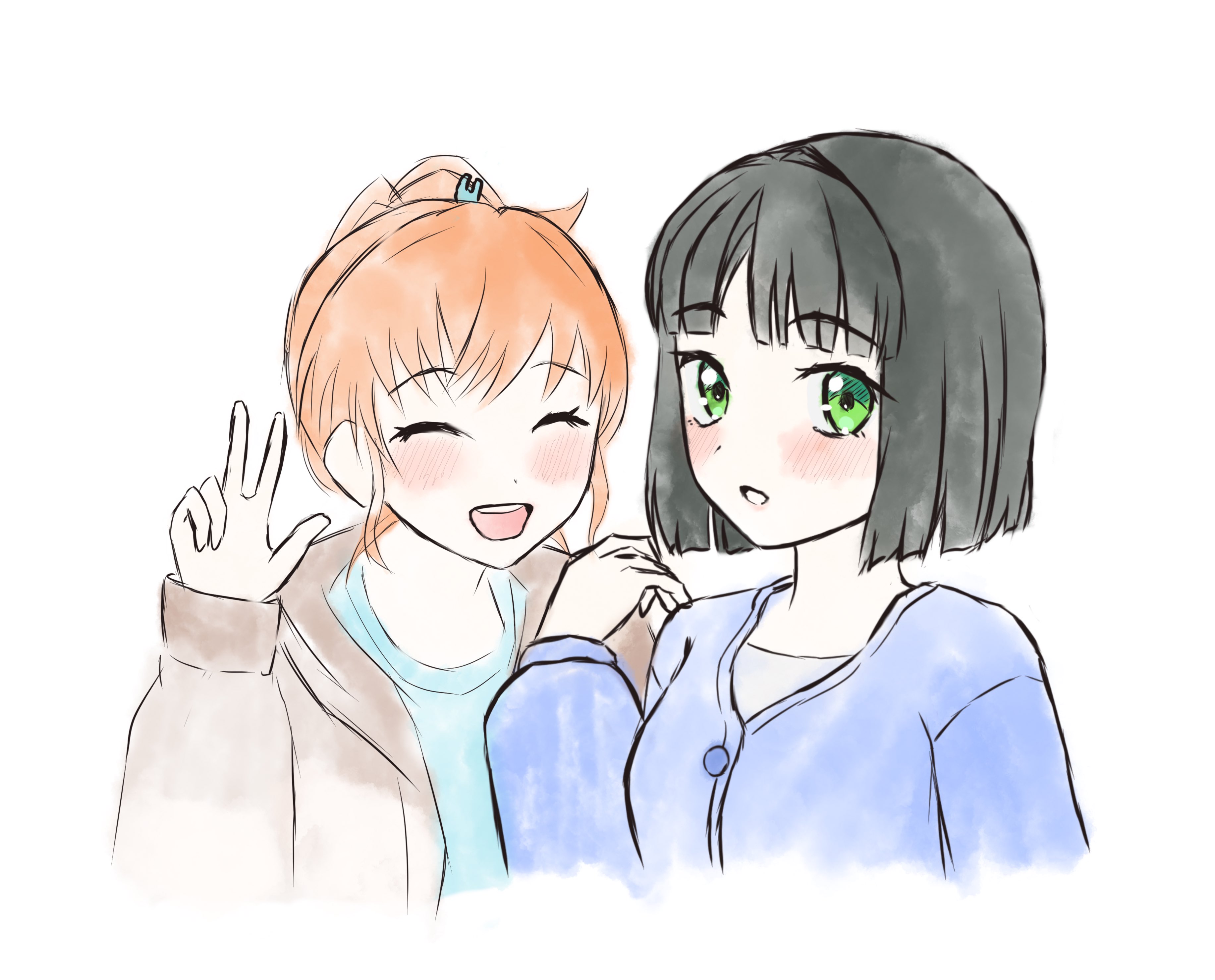Safebooru - 2girls :d ^ ^ absurdres black hair blue cardigan blue shirt blunt bangs blunt ends ...