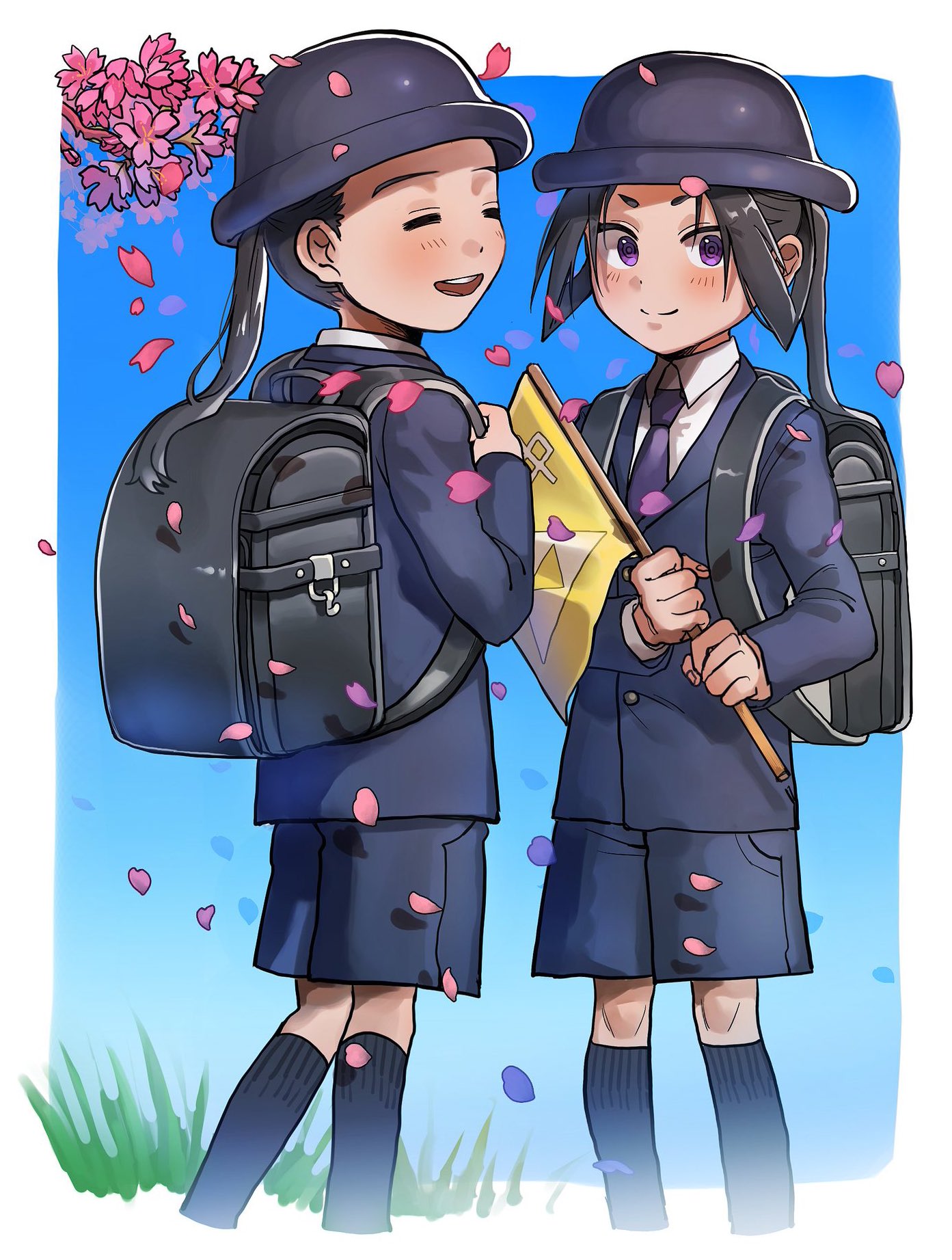 Safebooru - 2boys :d aojurujuru backpack bag black hair black hat black ...