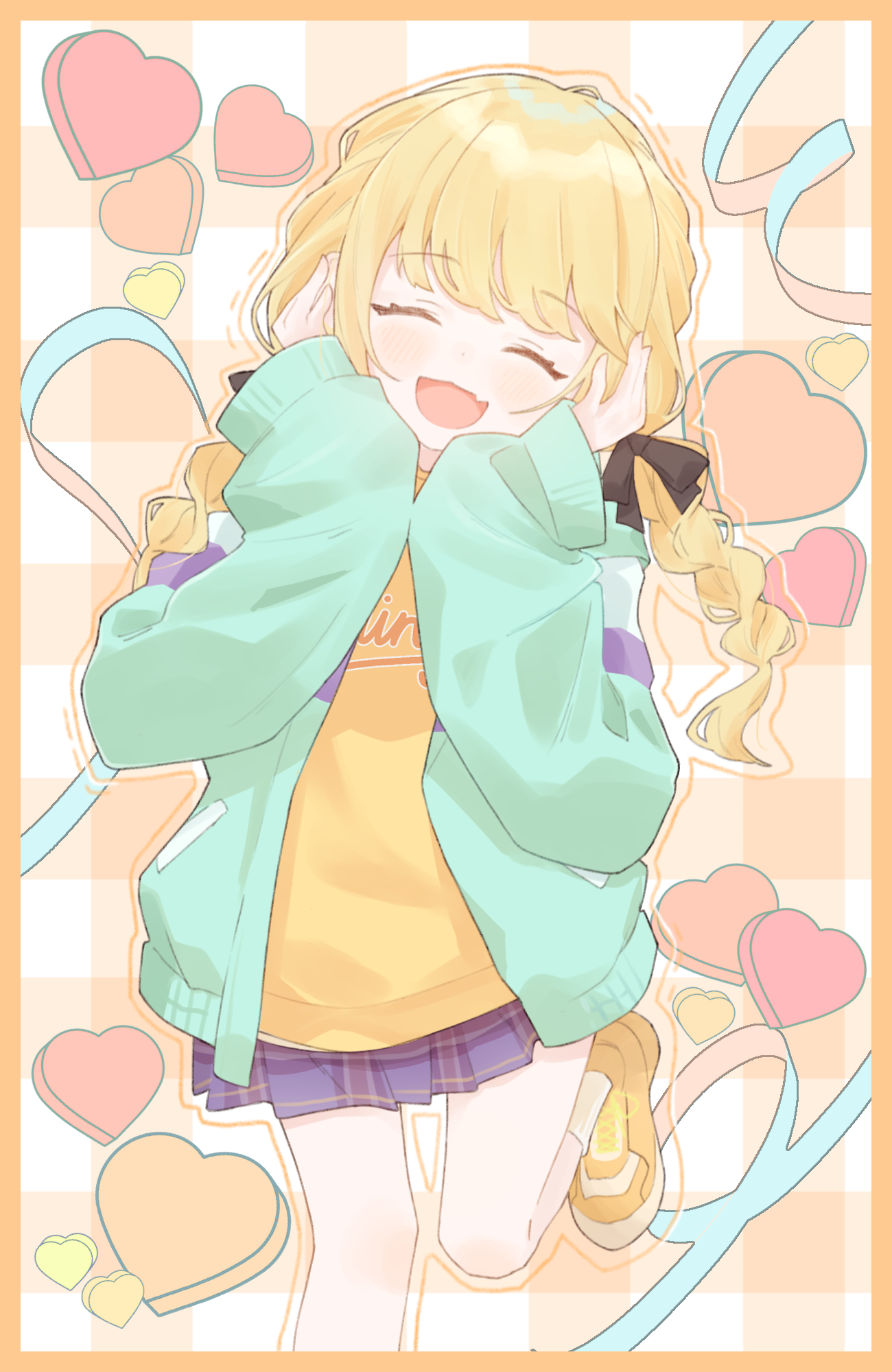 Safebooru - 1girl ^ ^ blonde hair blue skirt blush braid closed eyes commentary request facing ...