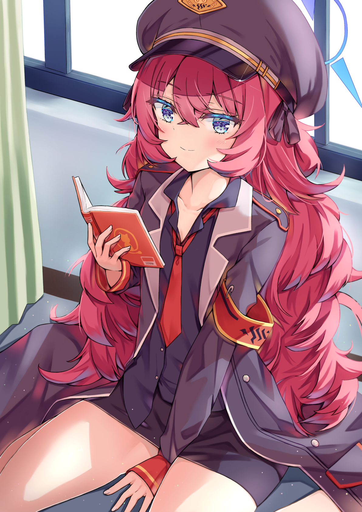 Safebooru - 1girl arm between legs armband black coat blue archive book coat gehenna academy ...