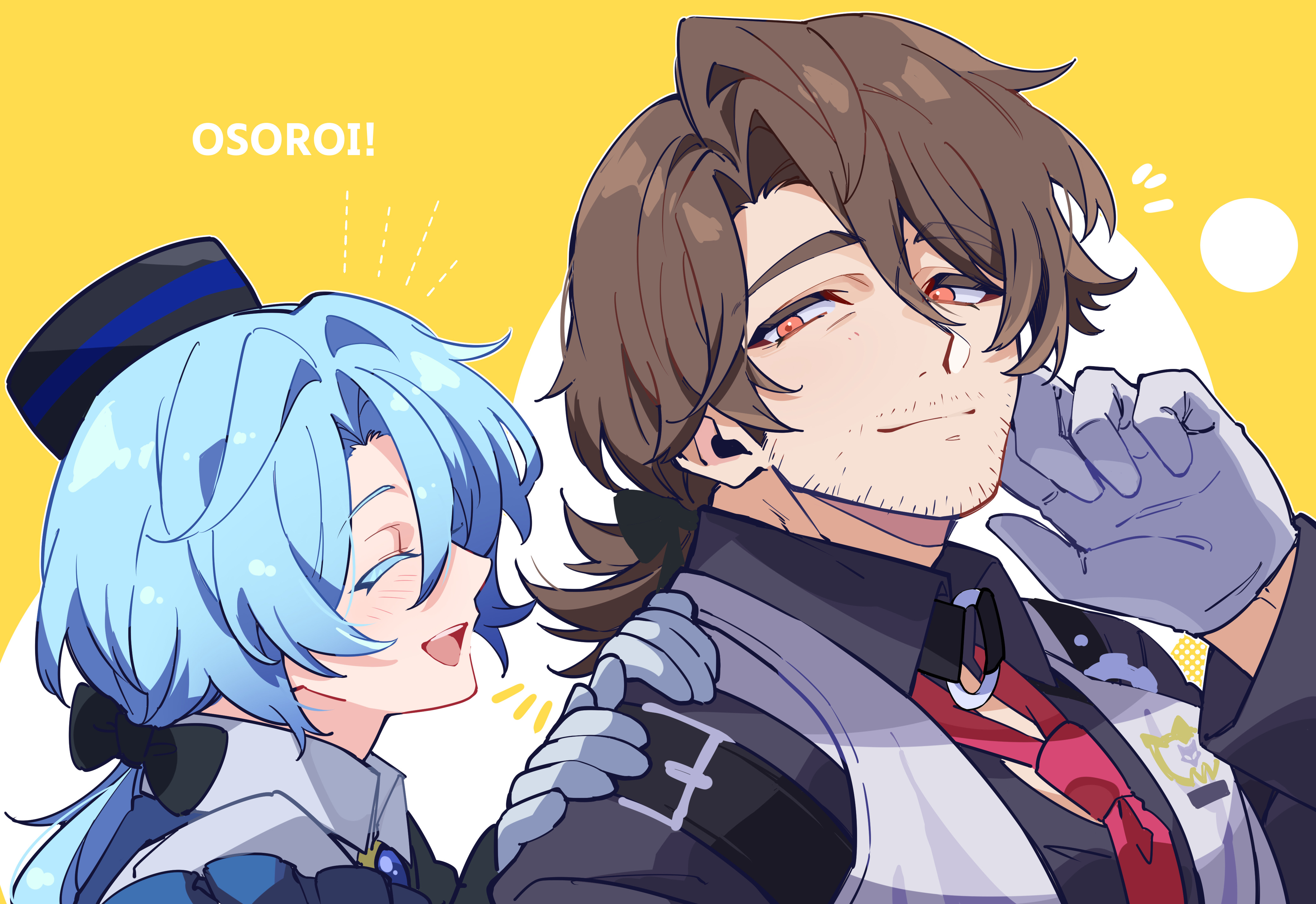 Safebooru - 2boys :d ^ ^ absurdres beard stubble black bow black shirt blush bow closed eyes ...