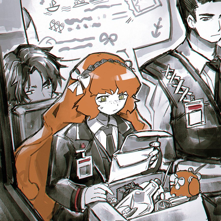 Safebooru - 1girl 2boys box character doll coat collared shirt compass ...