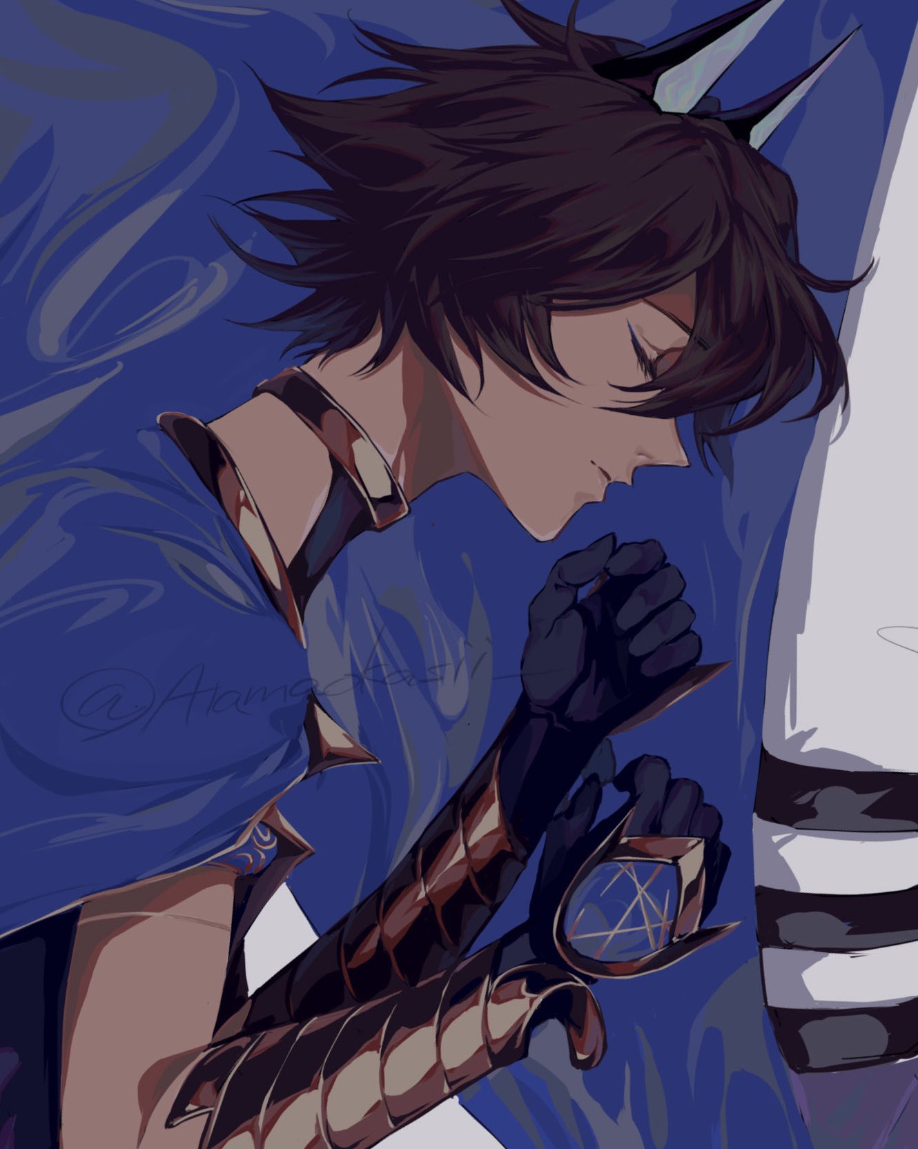 Safebooru - 1boy arjuna (fate) arjuna alter (fate) black hair black horns blue cape blue horns ...