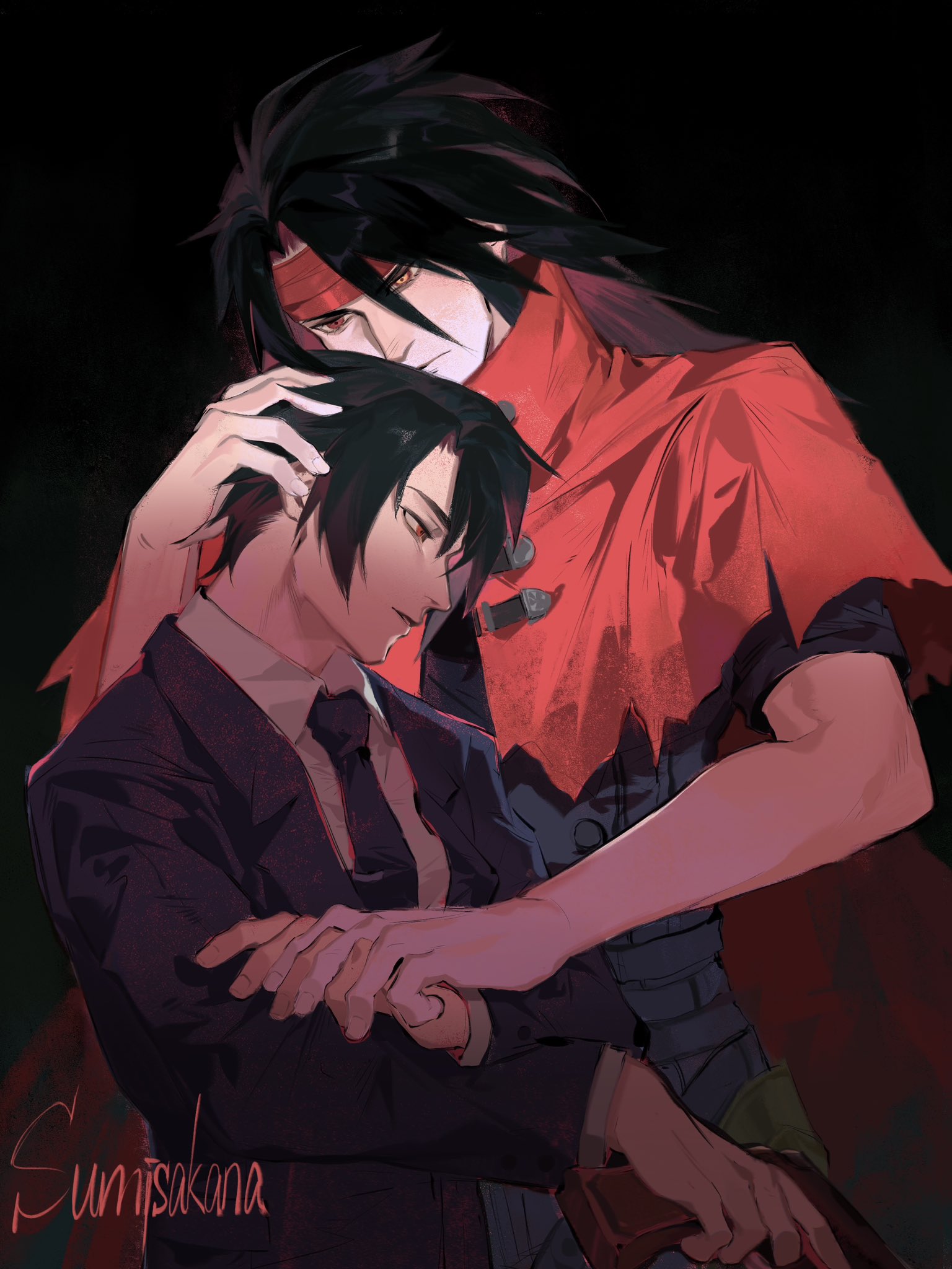 Safebooru - belt black background black hair black necktie black suit cloak collared shirt ...