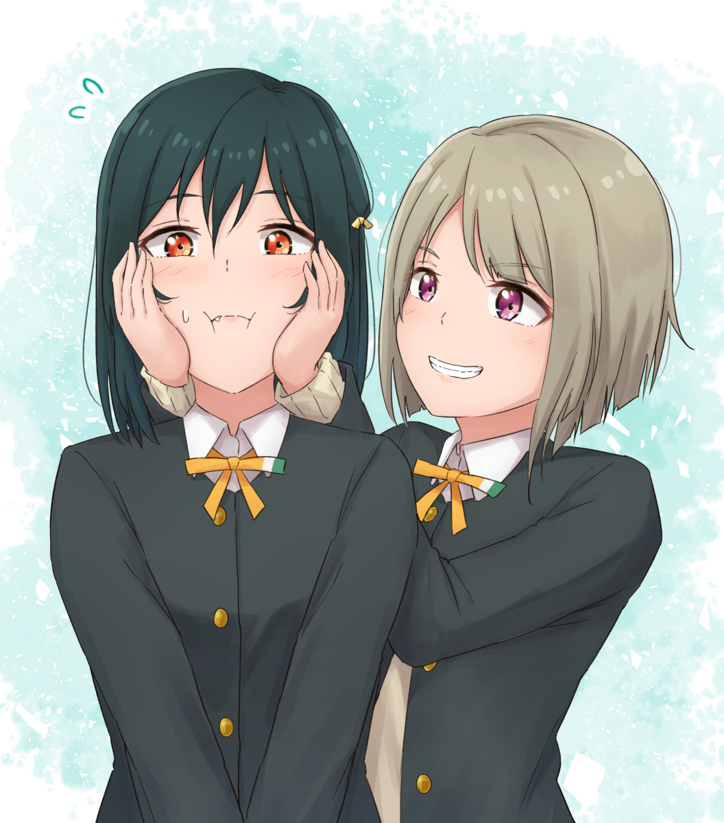 Safebooru - 2girls black hair bow brown hair cheek squash fang grin hair bow highres love live ...