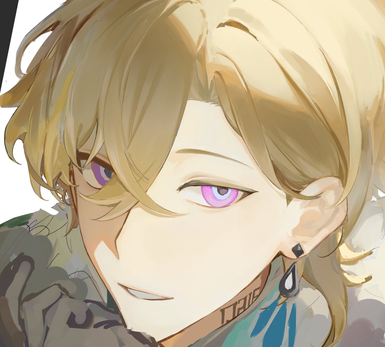 Safebooru - 1boy aventurine (honkai: star rail) blonde hair close-up earrings grin hair between ...