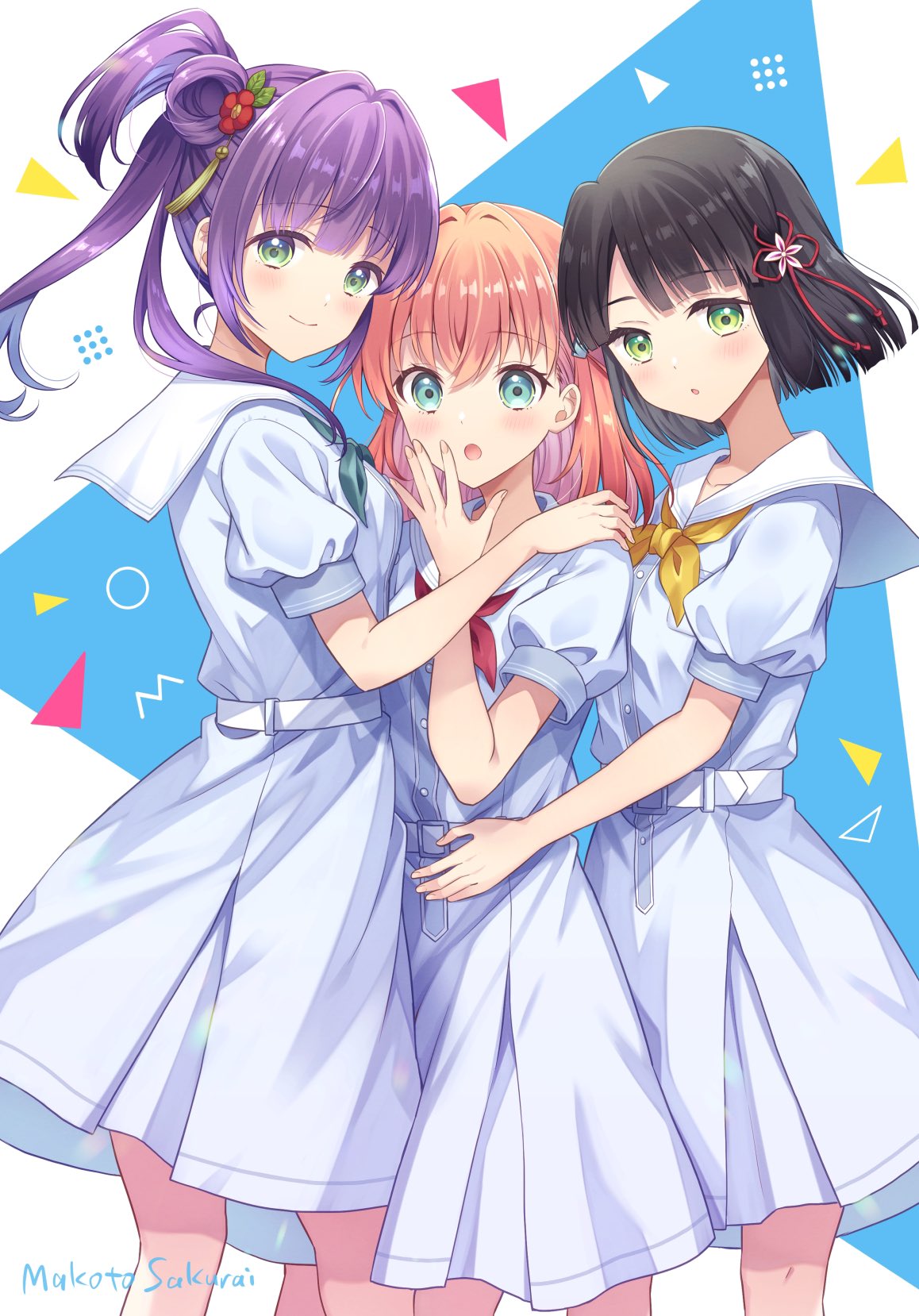 Safebooru - 3girls :o \||/ aqua eyes aqua neckerchief artist name black hair blue background ...