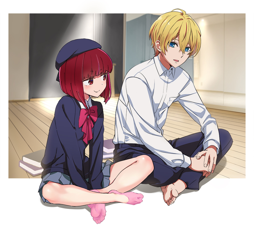 Safebooru - 1boy 1girl arima kana barefoot black pants blonde hair blue eyes blush bob cut ...