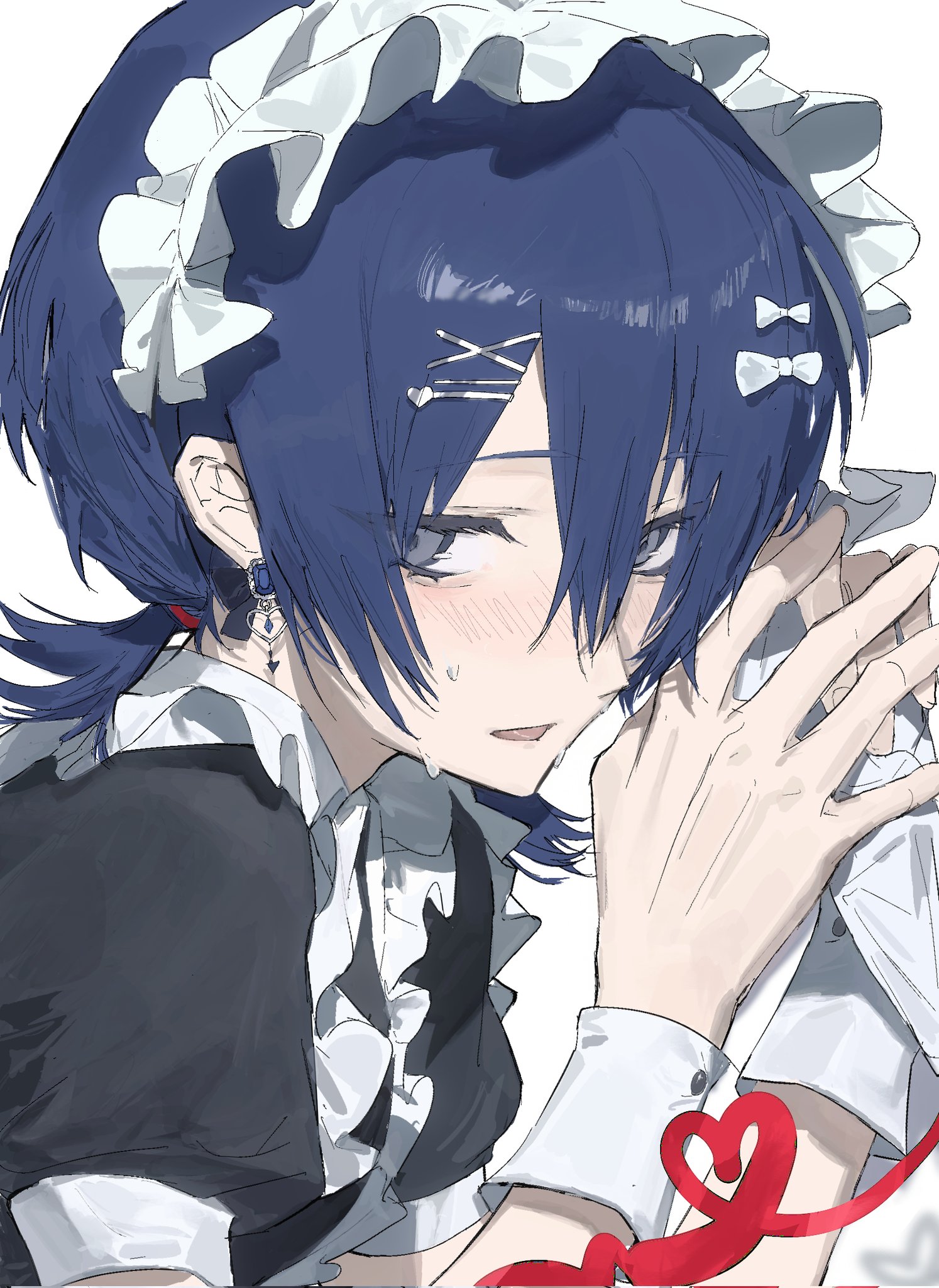 Safebooru - 1boy alternate costume apron black dress blue hair blush crossdressing dress ...