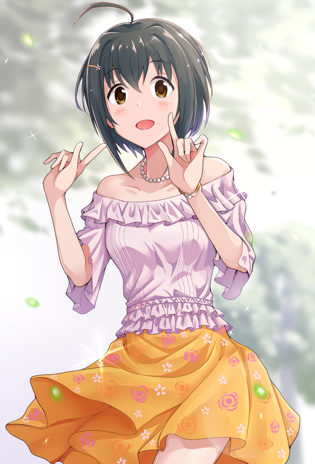 Safebooru - 1girl :o ahoge black hair blurry blurry background breasts brown eyes day hair ...