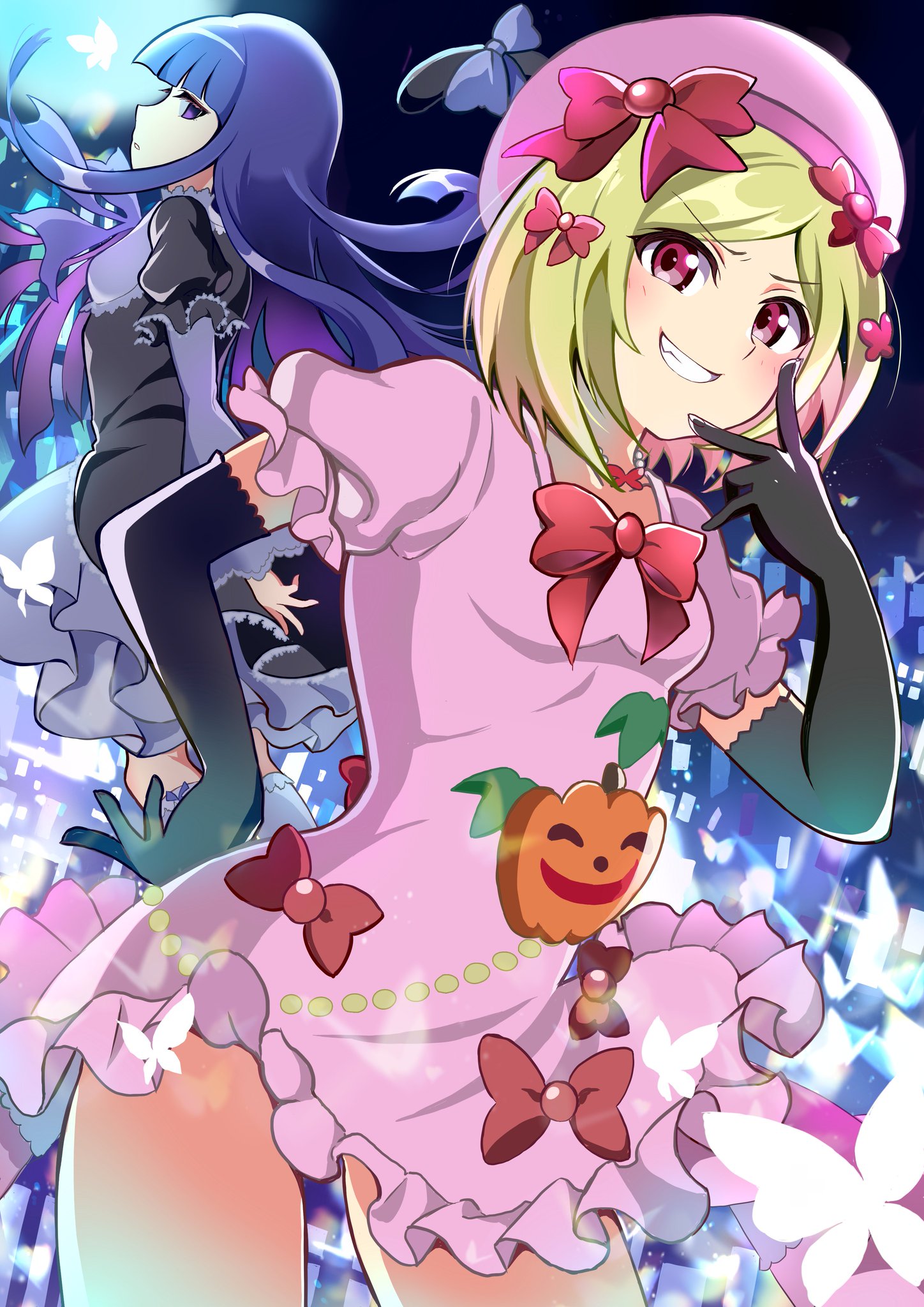 Safebooru - 2girls :d beret black gloves blonde hair blue bow blue hair blush bow breasts bug ...