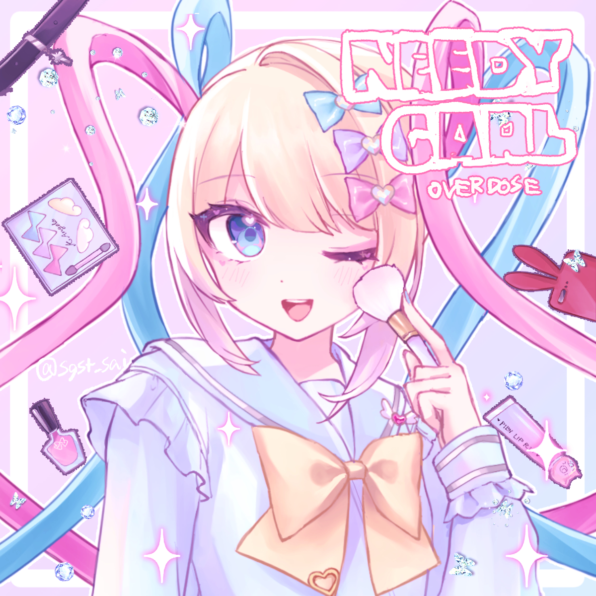 Safebooru - 1girl ;d applying makeup blonde hair blue bow blue eyes blue hair blue shirt bow ...