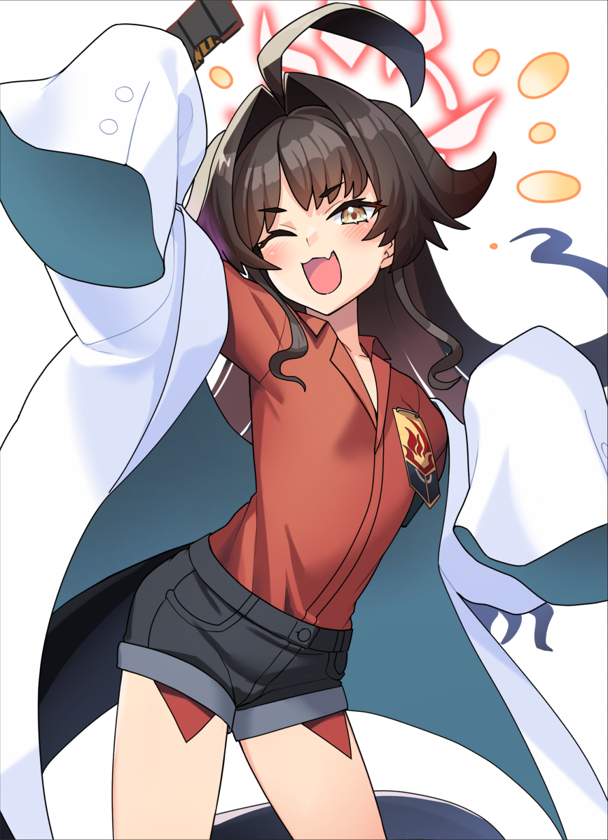 Safebooru - 1girl ahoge black hair black horns black shorts black tail blue archive blush coat ...