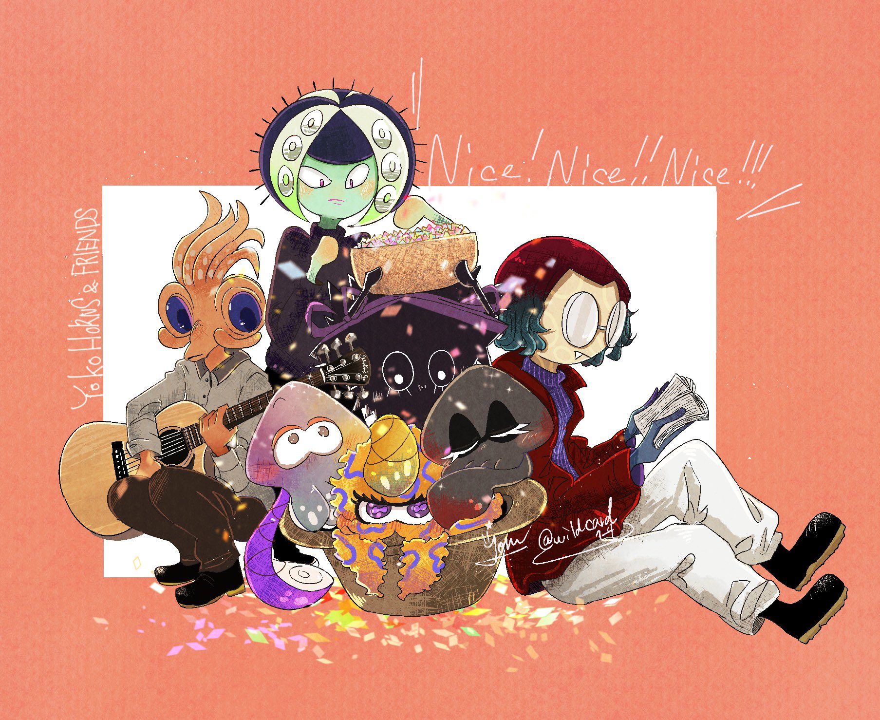 Safebooru - 1boy 6+girls aachin (splatoon) alternate form arms up black ...