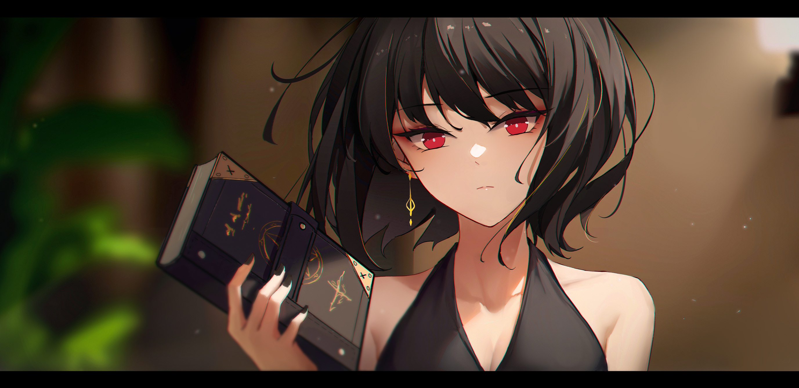Safebooru - 1girl bare shoulders black dress black nails blurry blurry background book breasts ...