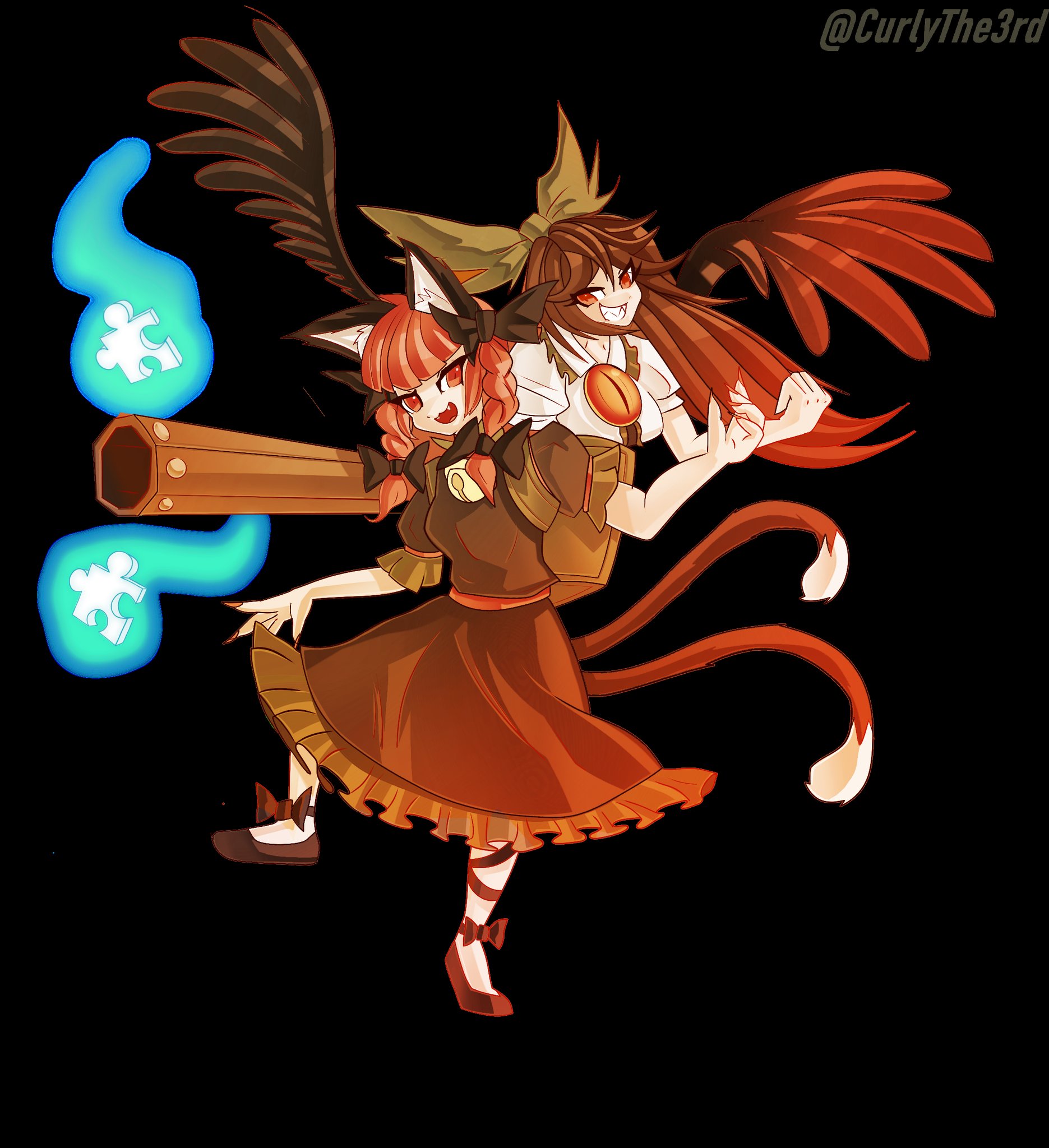 Safebooru - 2girls animal ears arm cannon black background black hair black shirt black skirt ...