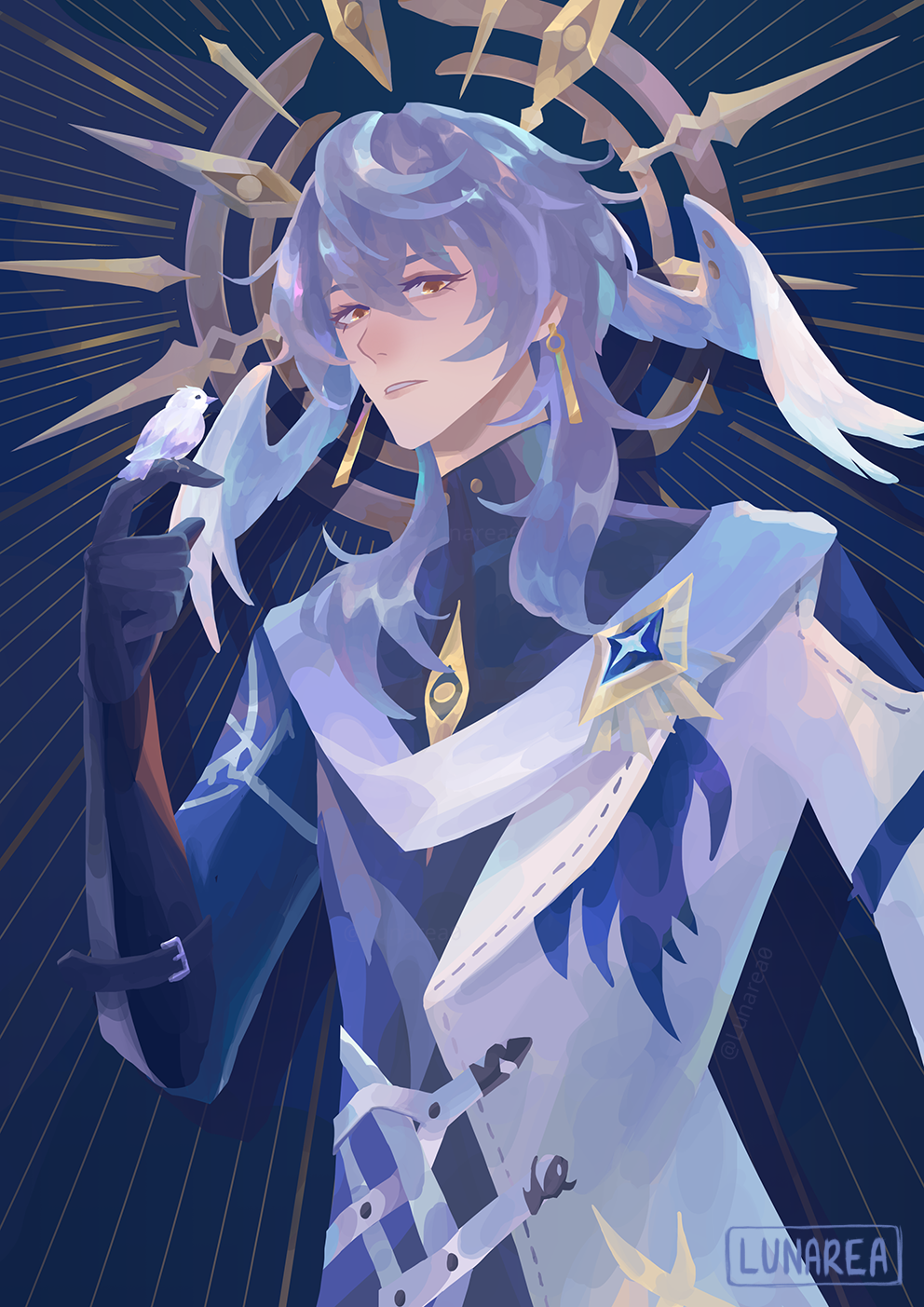 Safebooru - 1boy artist name bird bird on hand blue background earrings grey hair halo highres ...