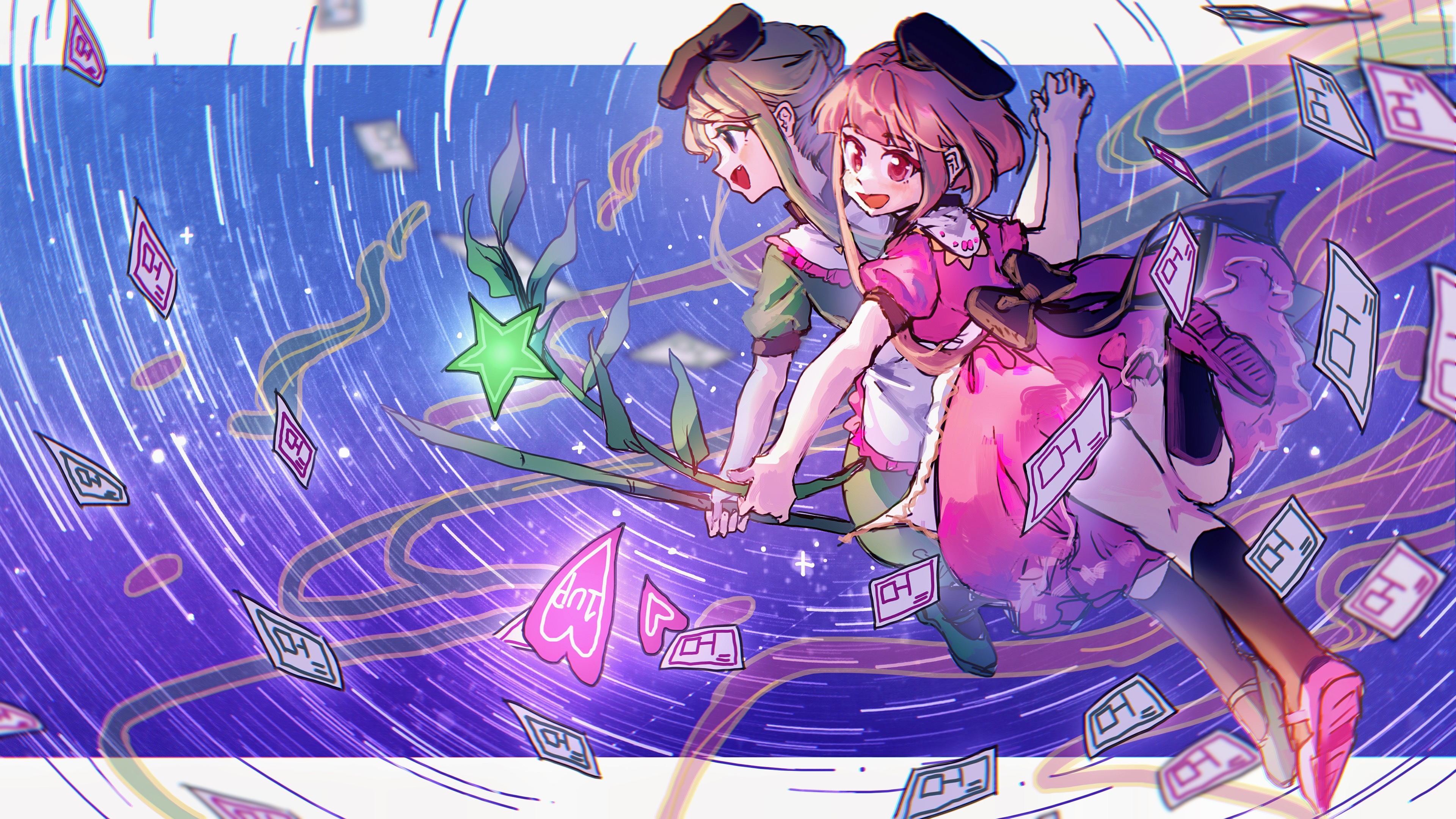 Safebooru - 1up 2girls absurdres back ribbon bamboo shoot black hat ...