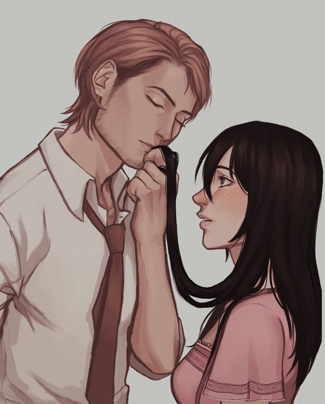 Safebooru - 1boy 1girl astherya beard stubble black hair blush brown hair brown necktie closed ...