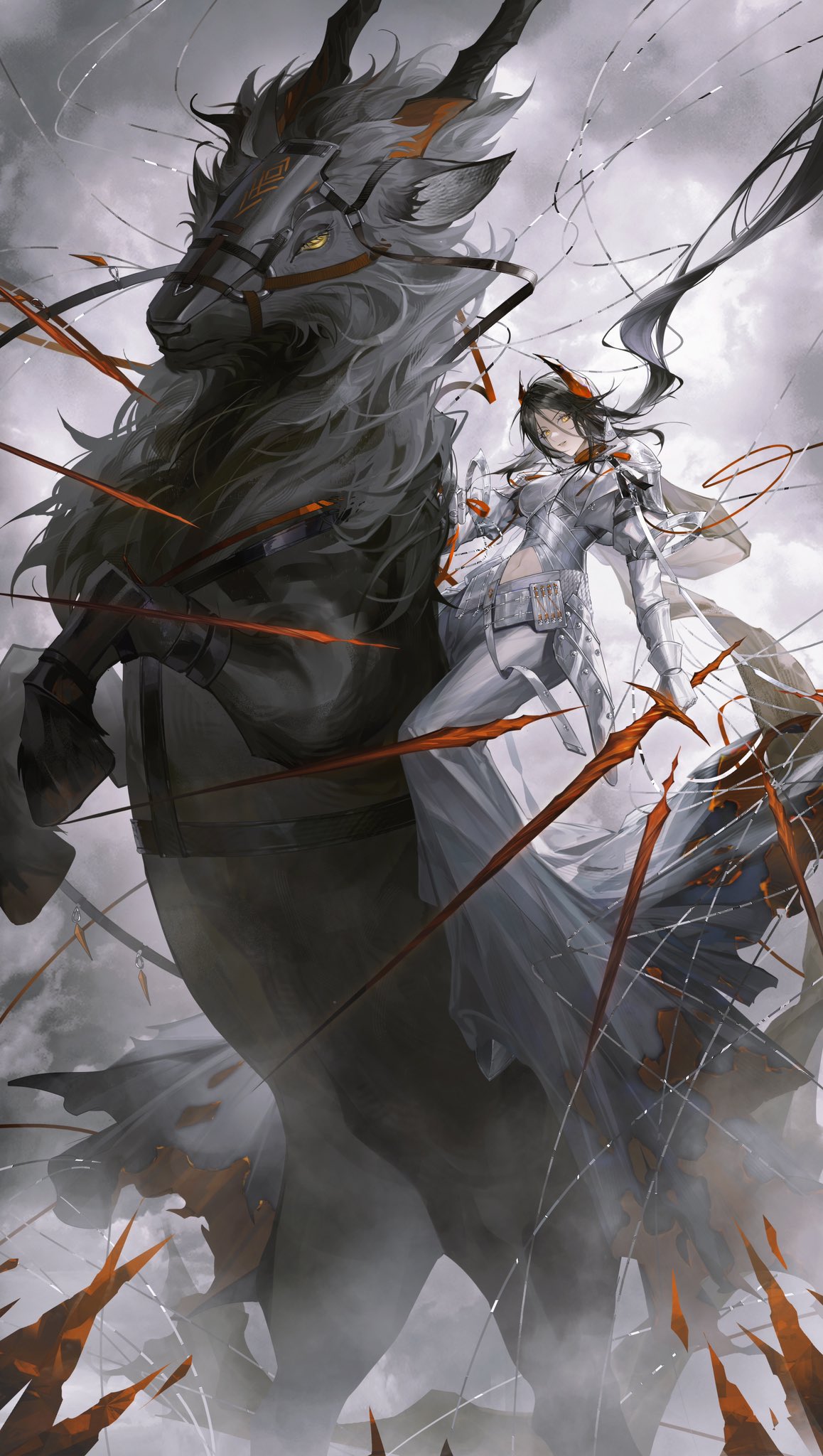 Safebooru - arknights armor black hair clothing cutout dress floating floating hair floating ...