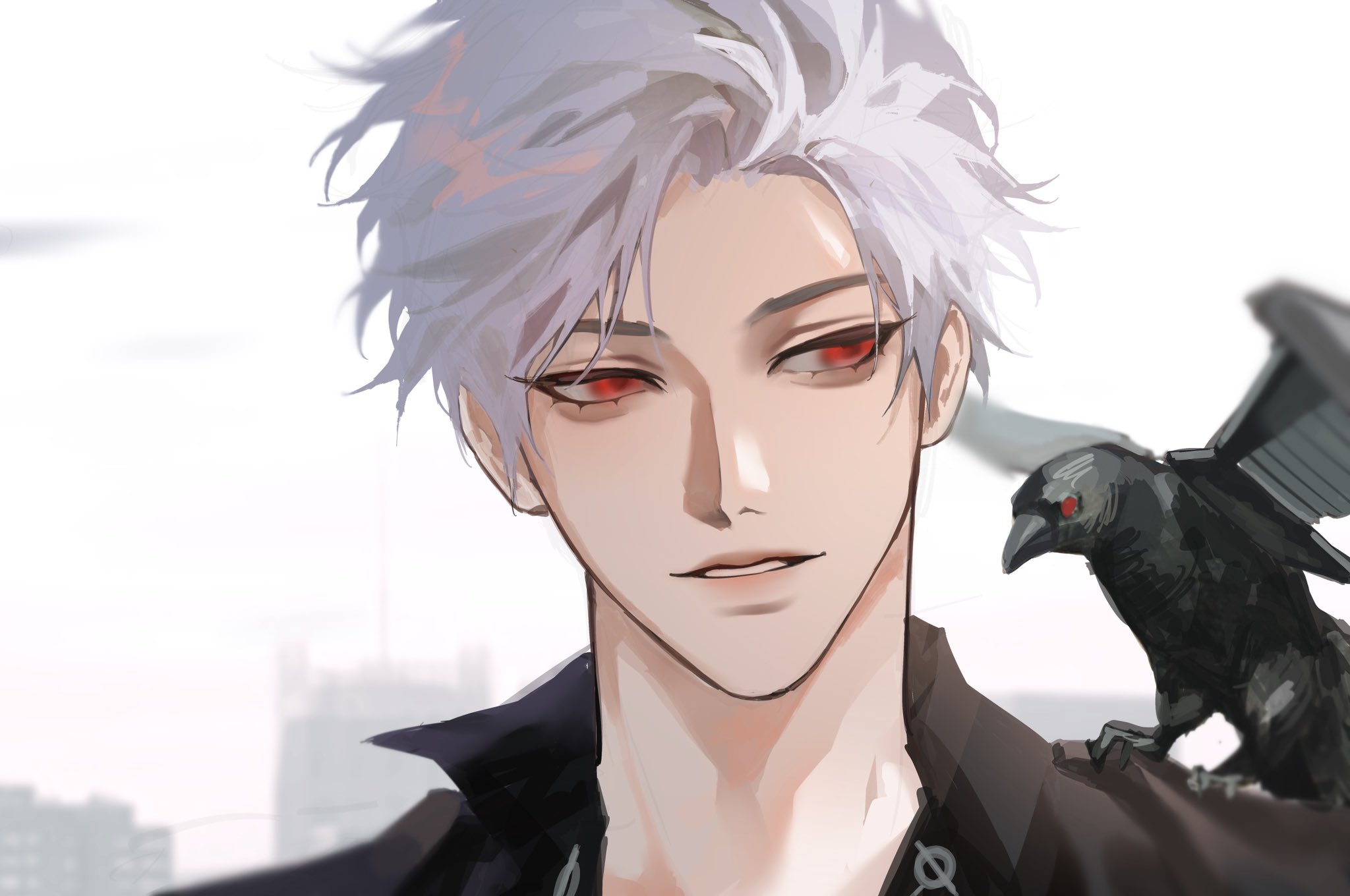 Safebooru - 1boy animal on shoulder bird bird on shoulder black shirt collared shirt crow ...