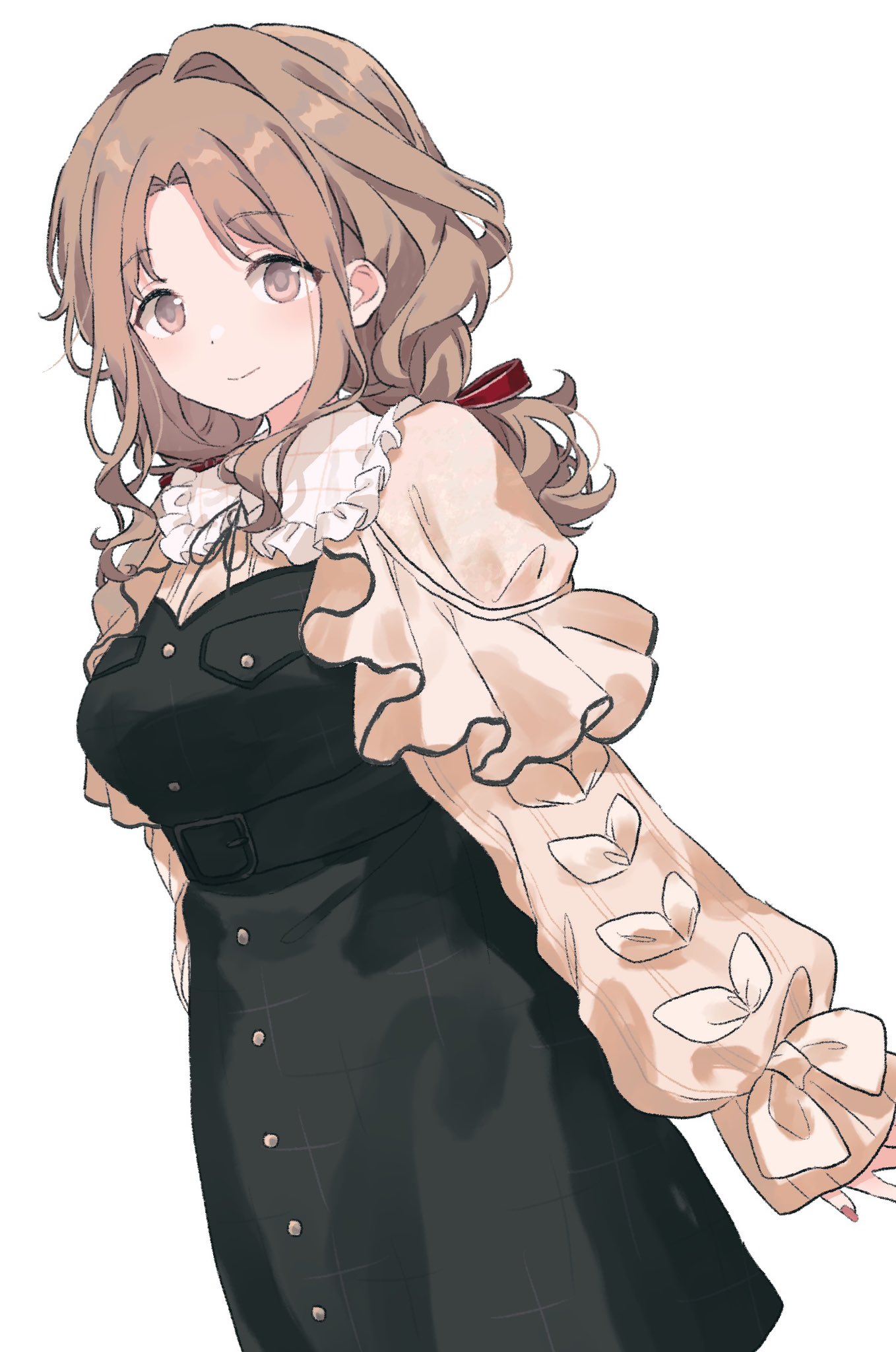 Safebooru - 1girl belt black belt black dress black ribbon breasts brown eyes brown hair closed ...