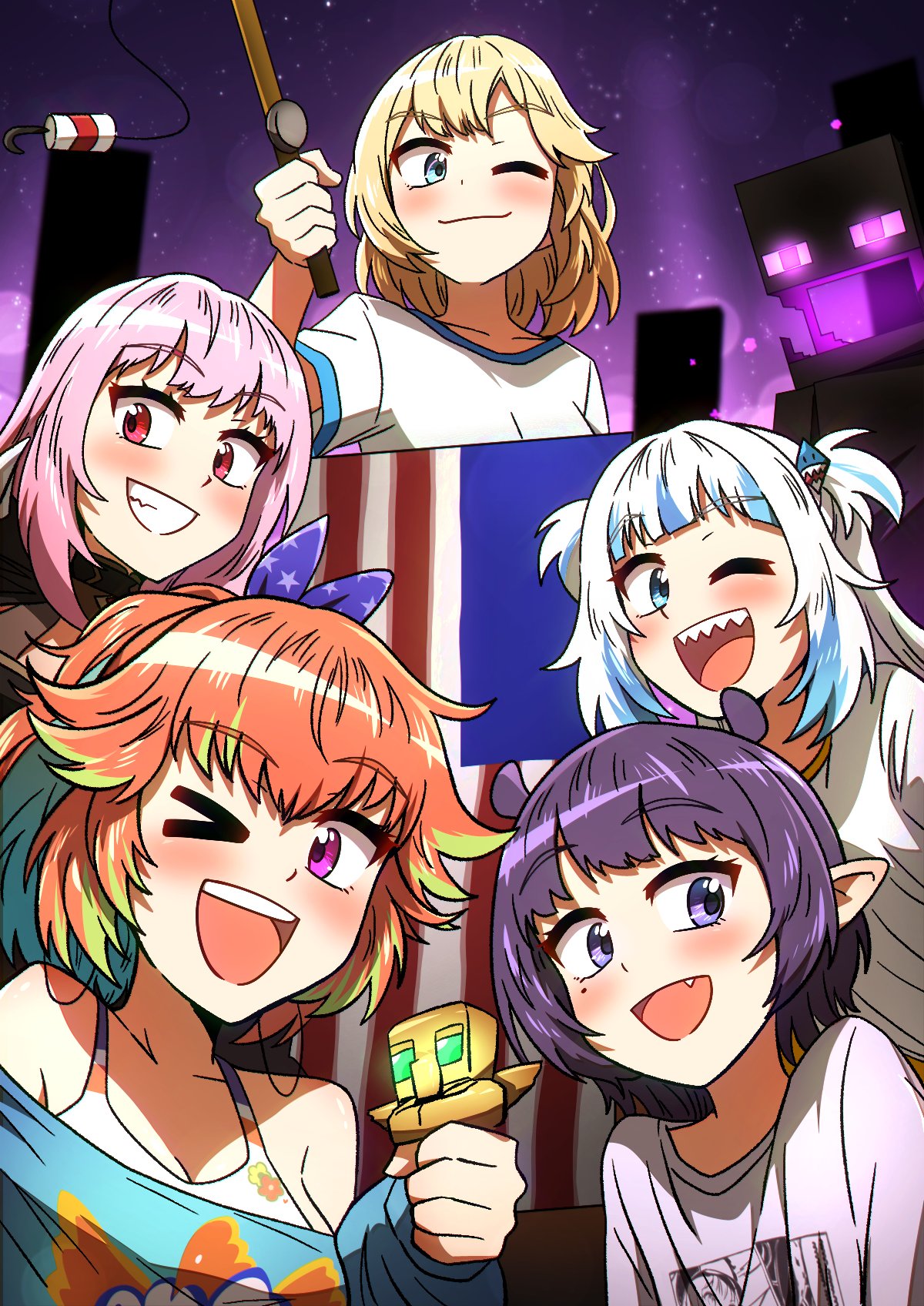 Safebooru - 5girls :d alternate costume american flag blonde hair blue eyes blue hair blue ...