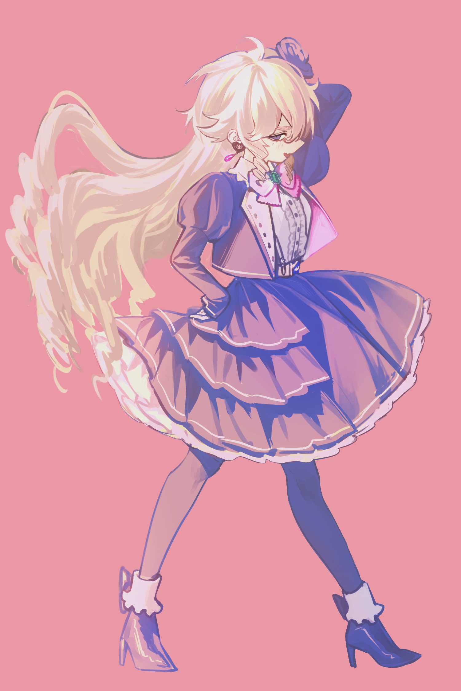 Safebooru - 1girl arm behind head black jacket black pantyhose black skirt blonde hair bow ...