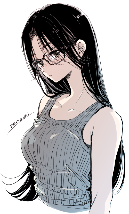Safebooru - 1girl artist name bare shoulders black eyes black hair breasts closed mouth ...