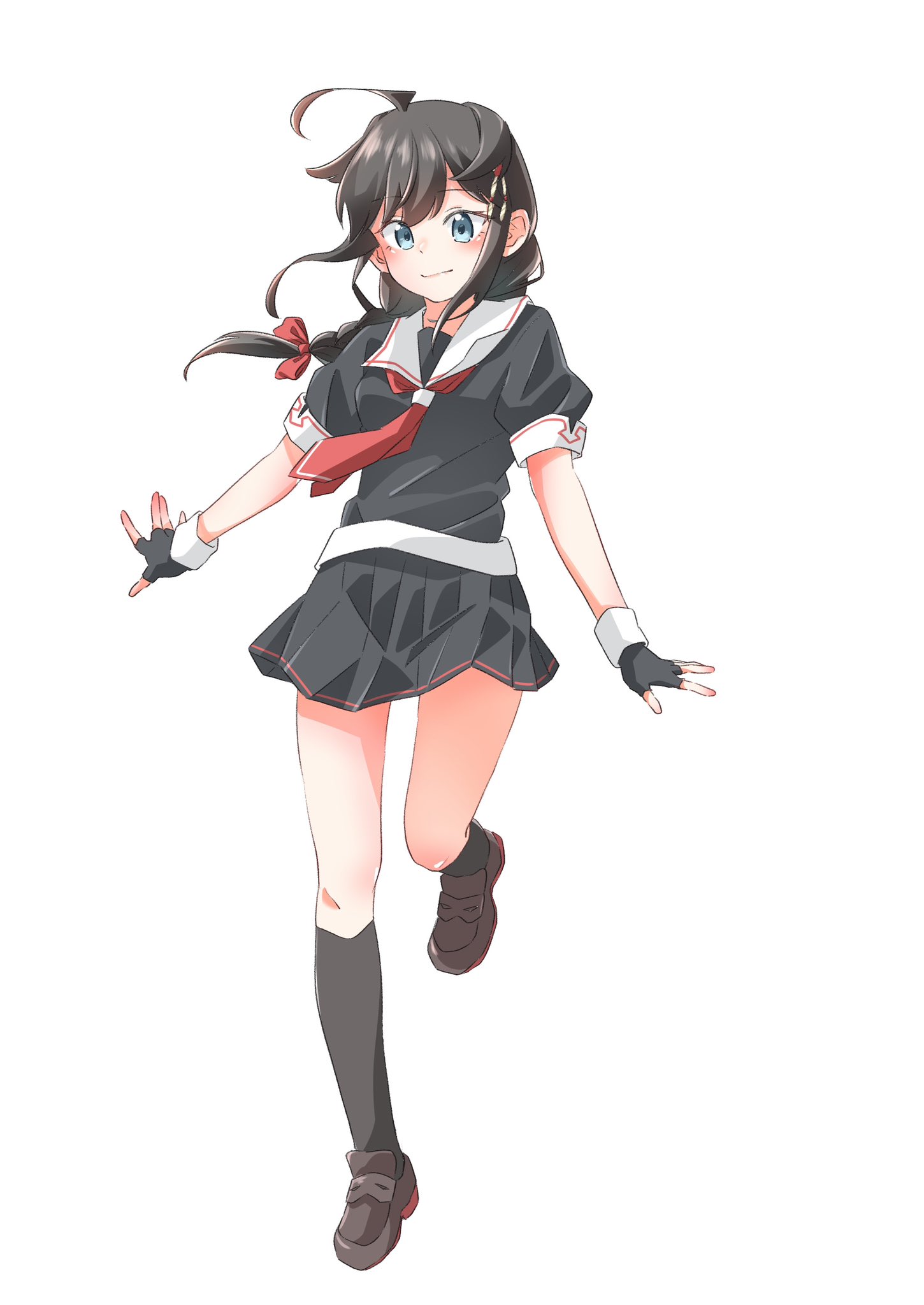 Safebooru - 1girl ahoge black gloves black hair black serafuku black shirt black skirt blue eyes ...