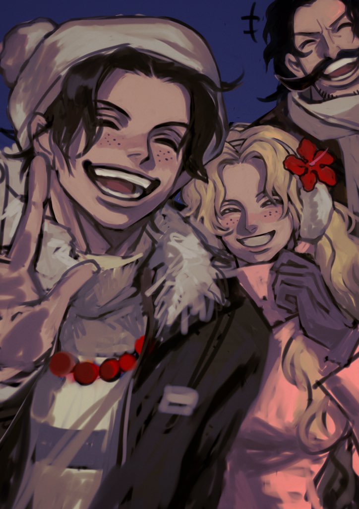 Safebooru - +++ 1girl 2boys ^ ^ beard stubble black hair blonde hair closed eyes coat commentary ...